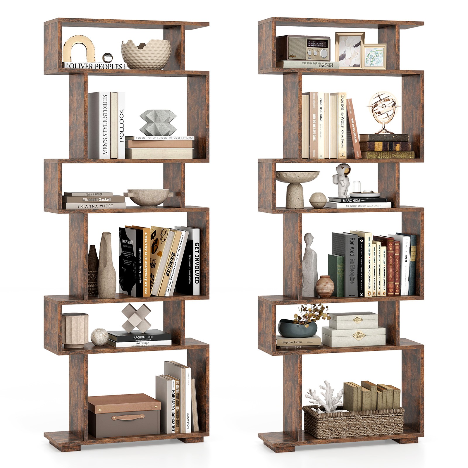IUKRYU 2-piece set S-shaped 6-story bookshelf, retro brown engineered ...