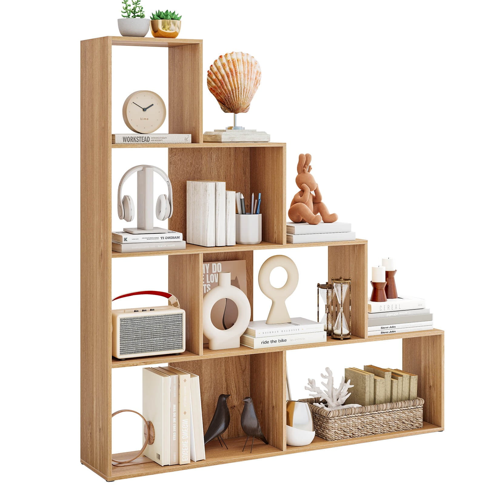 IUKRYU 4-Tier Stepped Geometric Bookcase, 6-Open Cube Storage Shelf ...