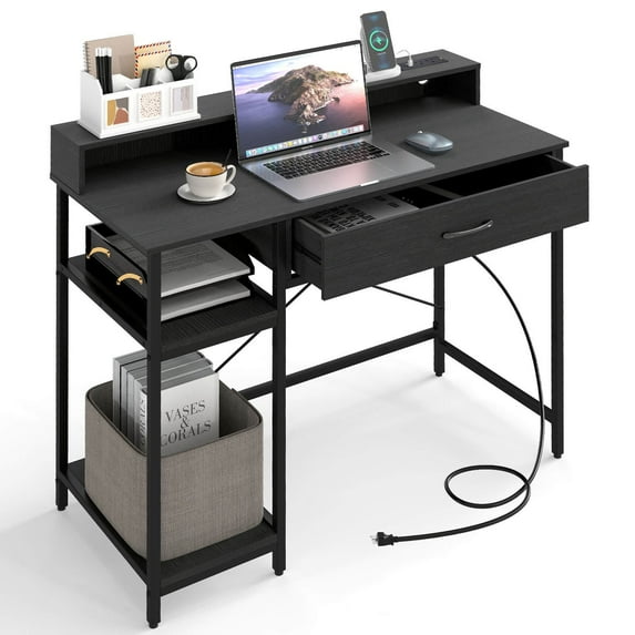 IUKRYU 42 inch home office desk with built-in power plug and storage ...