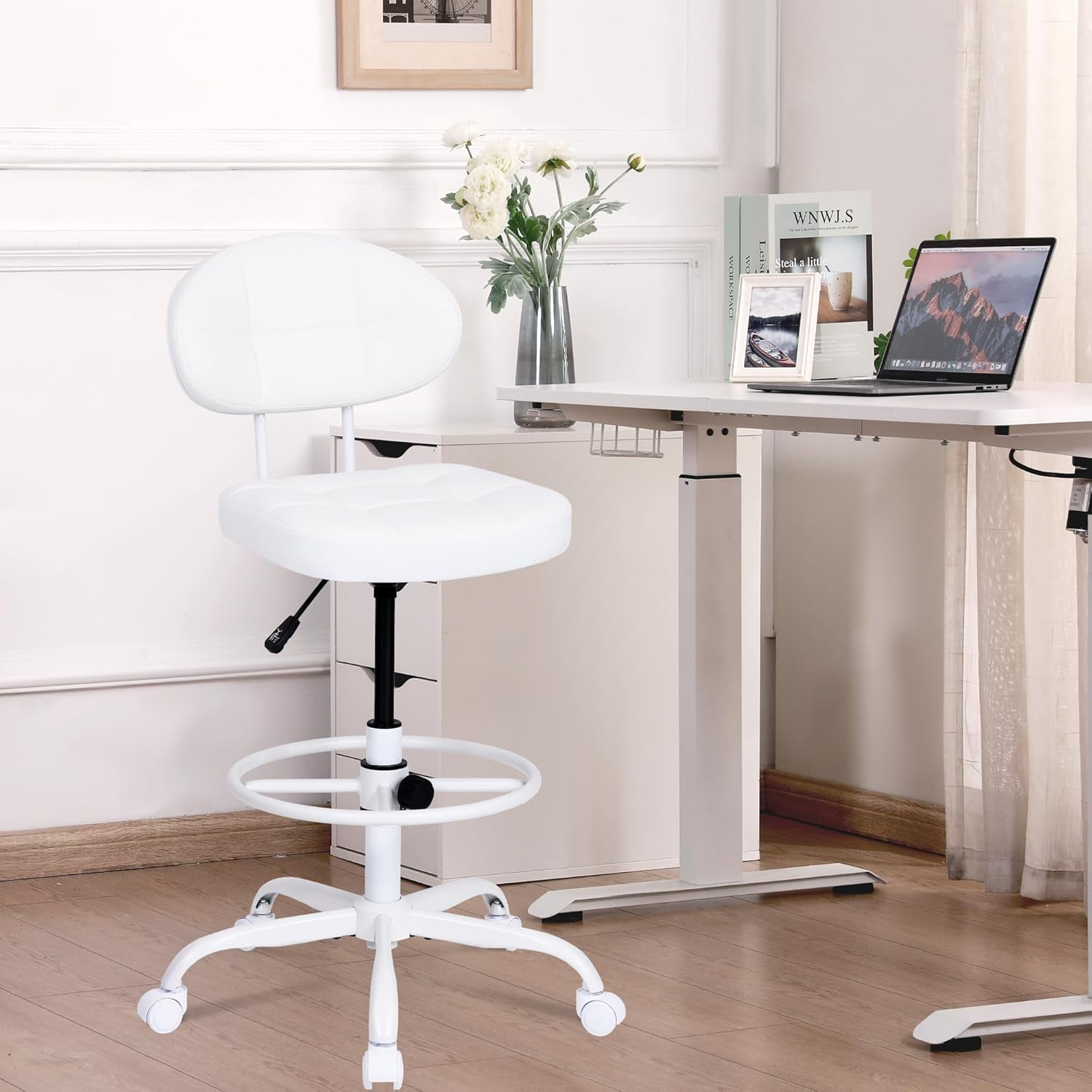 IUKRYU Armless Drafting Chair with Footrest Ring, Faux Leather Tall ...