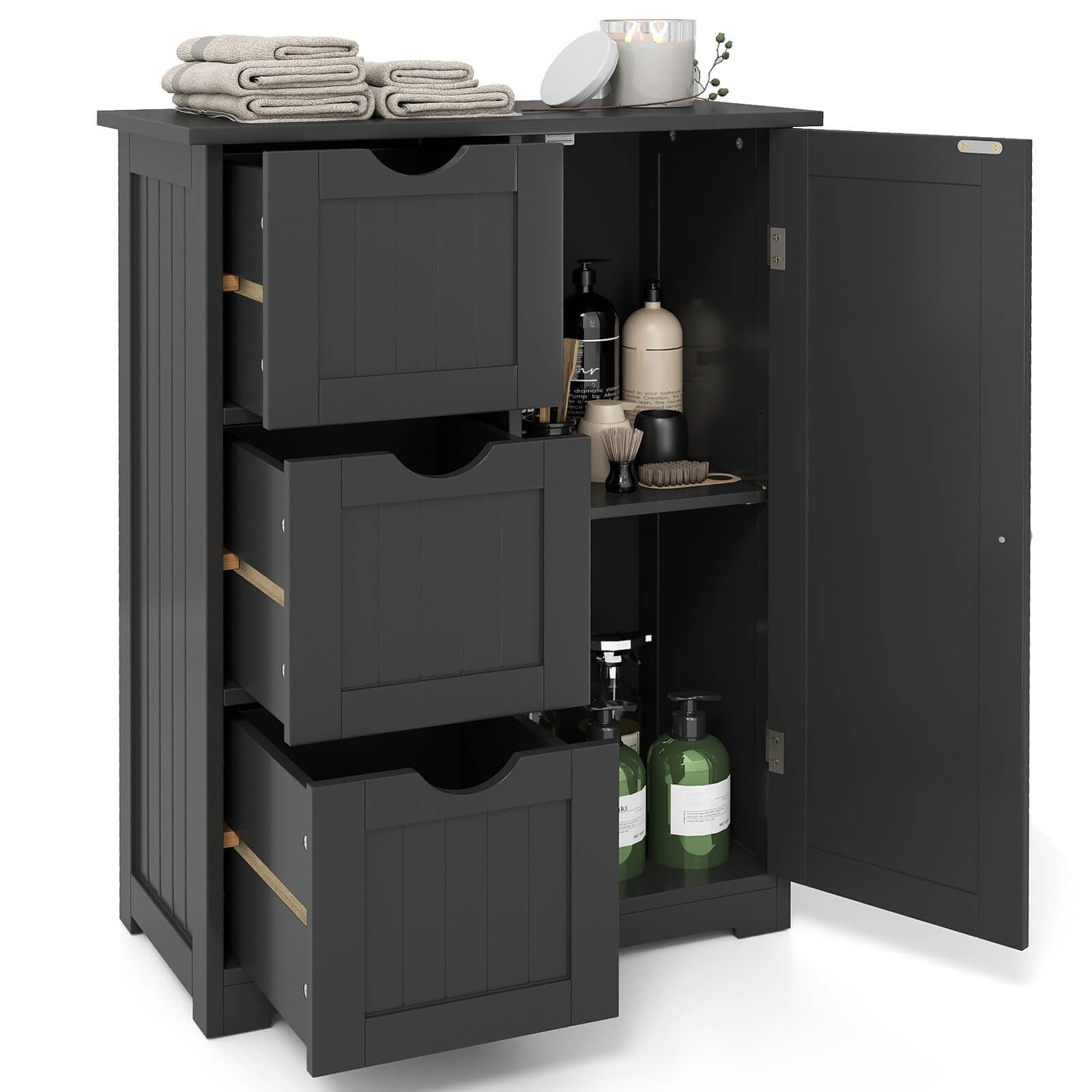 IUKRYU Black 3-Drawer Bathroom Cabinet, 3-Level Adjustable Shelf + 2 ...