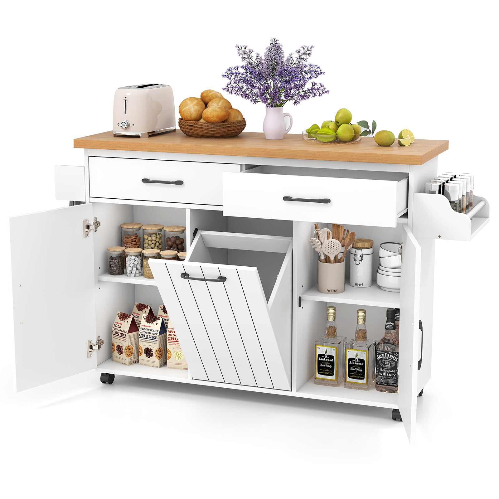 IUKRYU Mobile Kitchen Island - White MDF+Engineering Wood Hidden ...