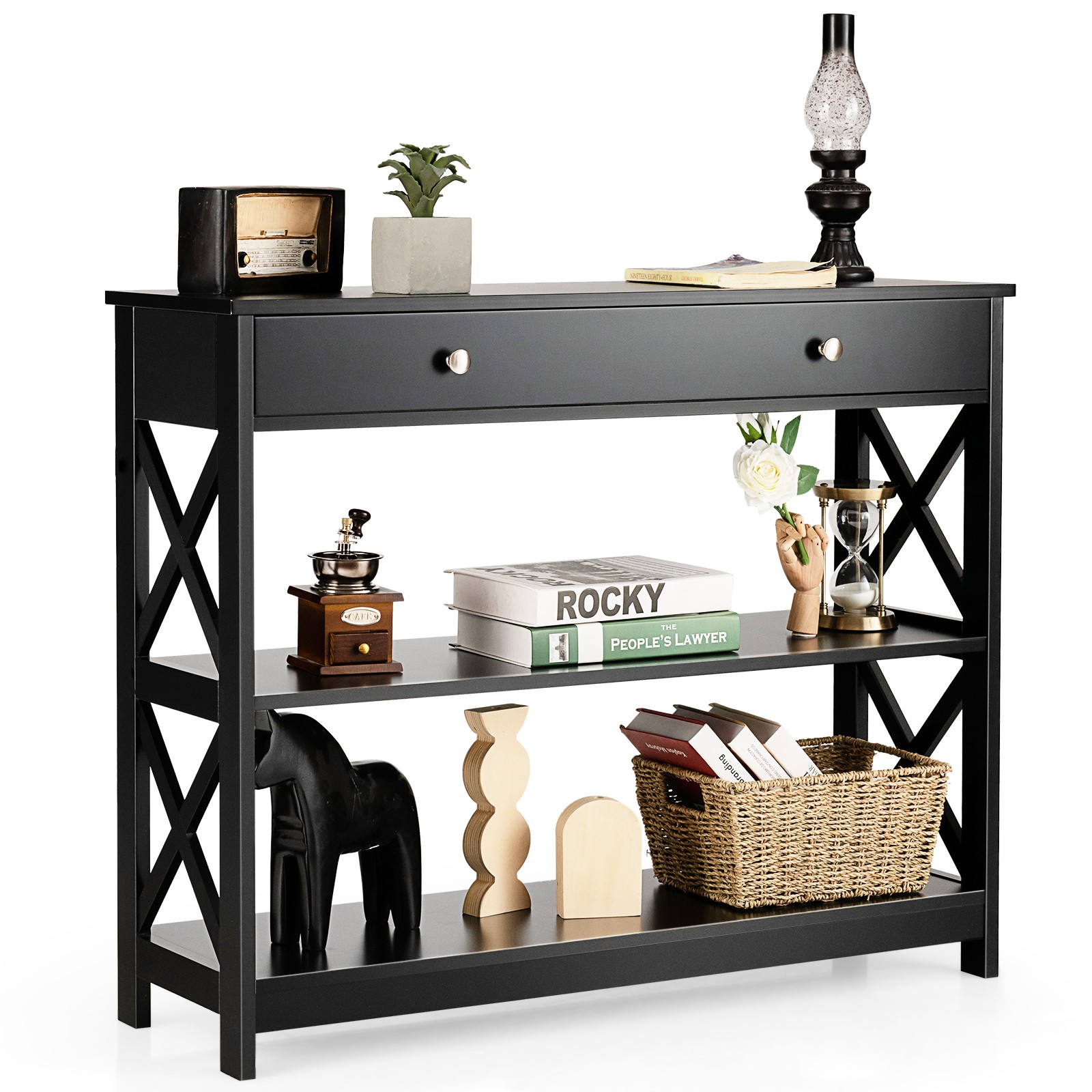 IUKRYU black 3-layer foyer desk with wide tabletop, large drawers, and ...