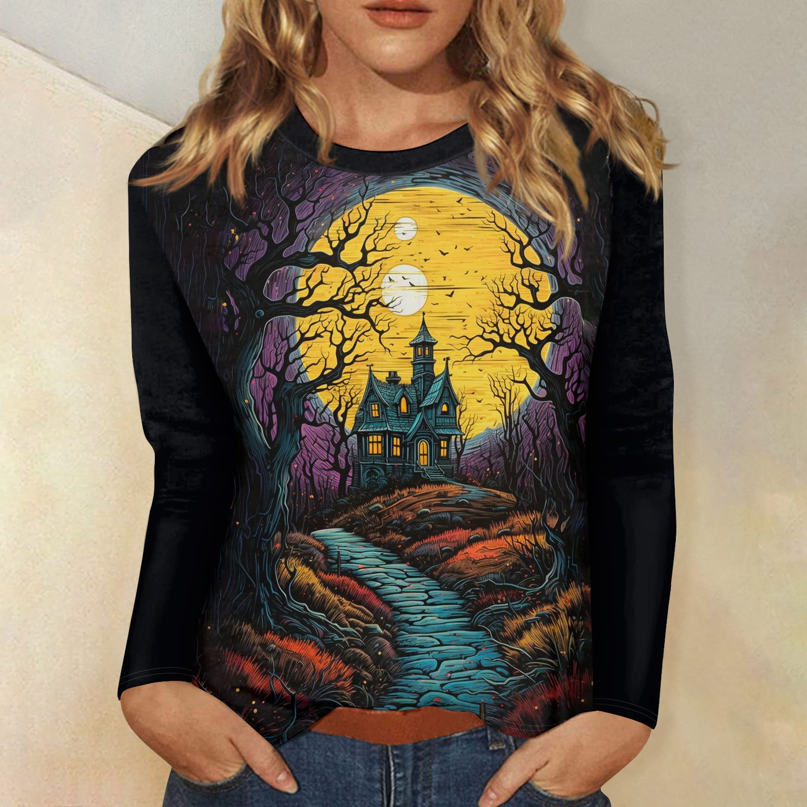Iuzsokil Halloween Shirts For Plus Size Women Pumpkin Fall Long Sleeve