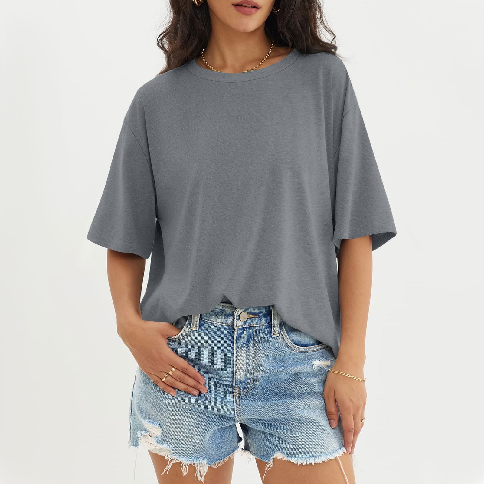 IUZSOKIL Women Half Sleeve Cropped T-Shirts Drop Shoulder Round Neck ...