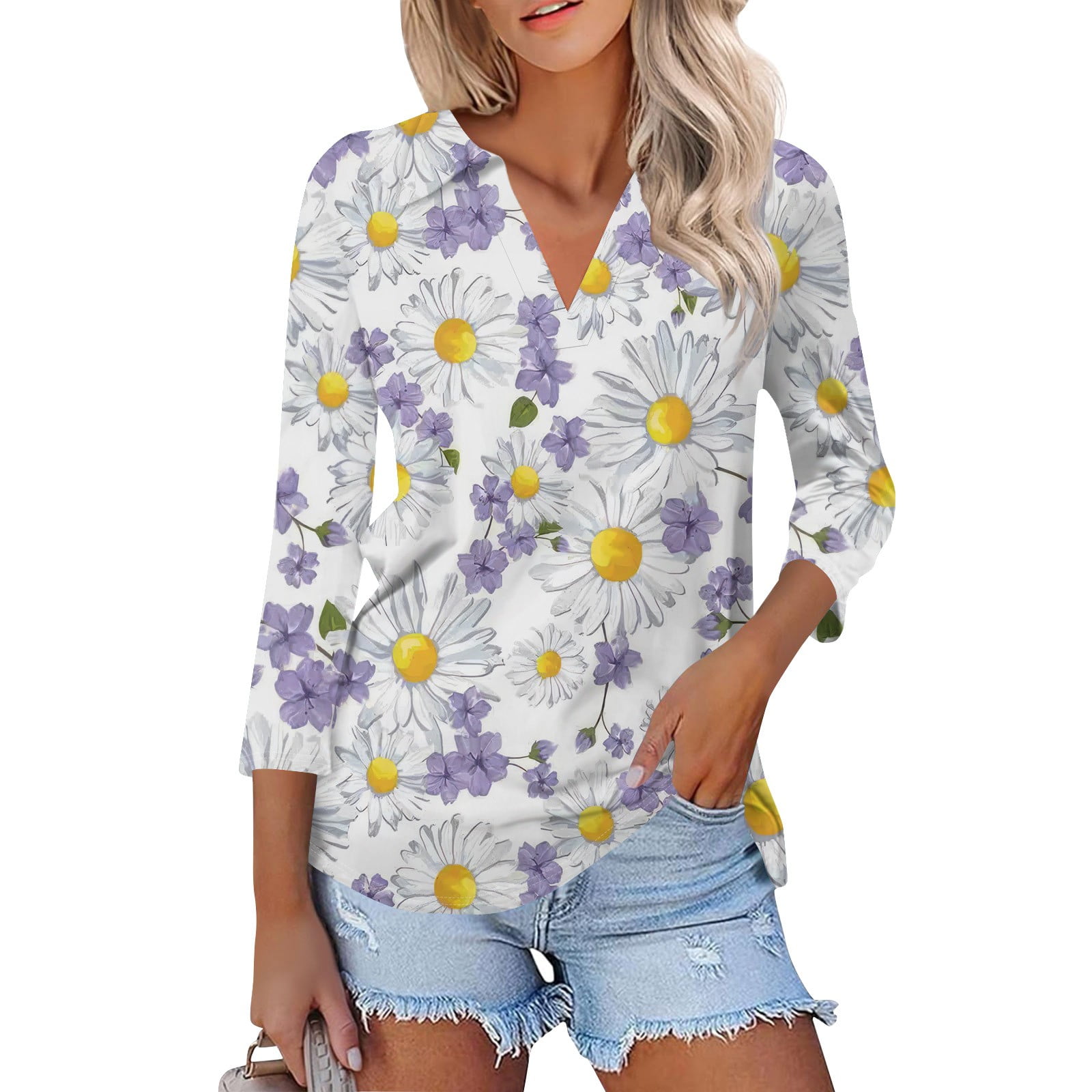 Iuzsokil Womens Polo Shirts For Women 3 4 Sleeve Lapel Collared Floral
