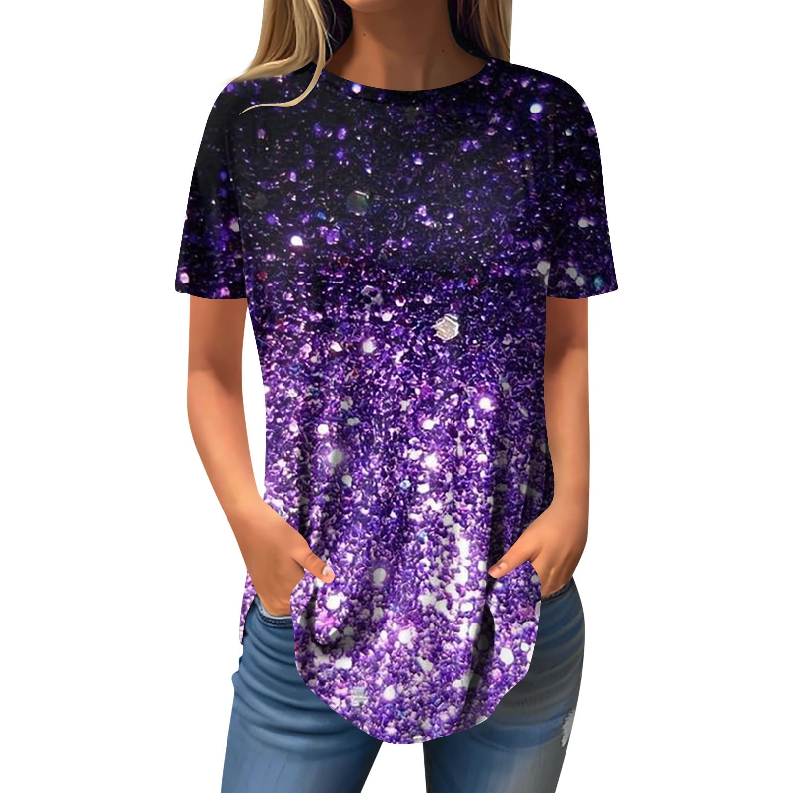 Iuzsokil Womens T Shirts Long Short Sleeve Crew Neck Sparkly Glitter