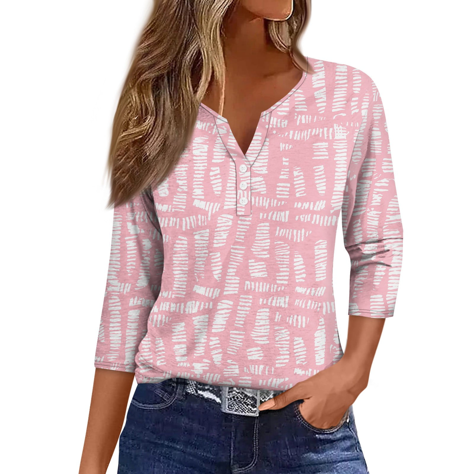 Iuzsokil Womens Work Shirts 3 4 Sleeve Floral Flower Henley V Neck