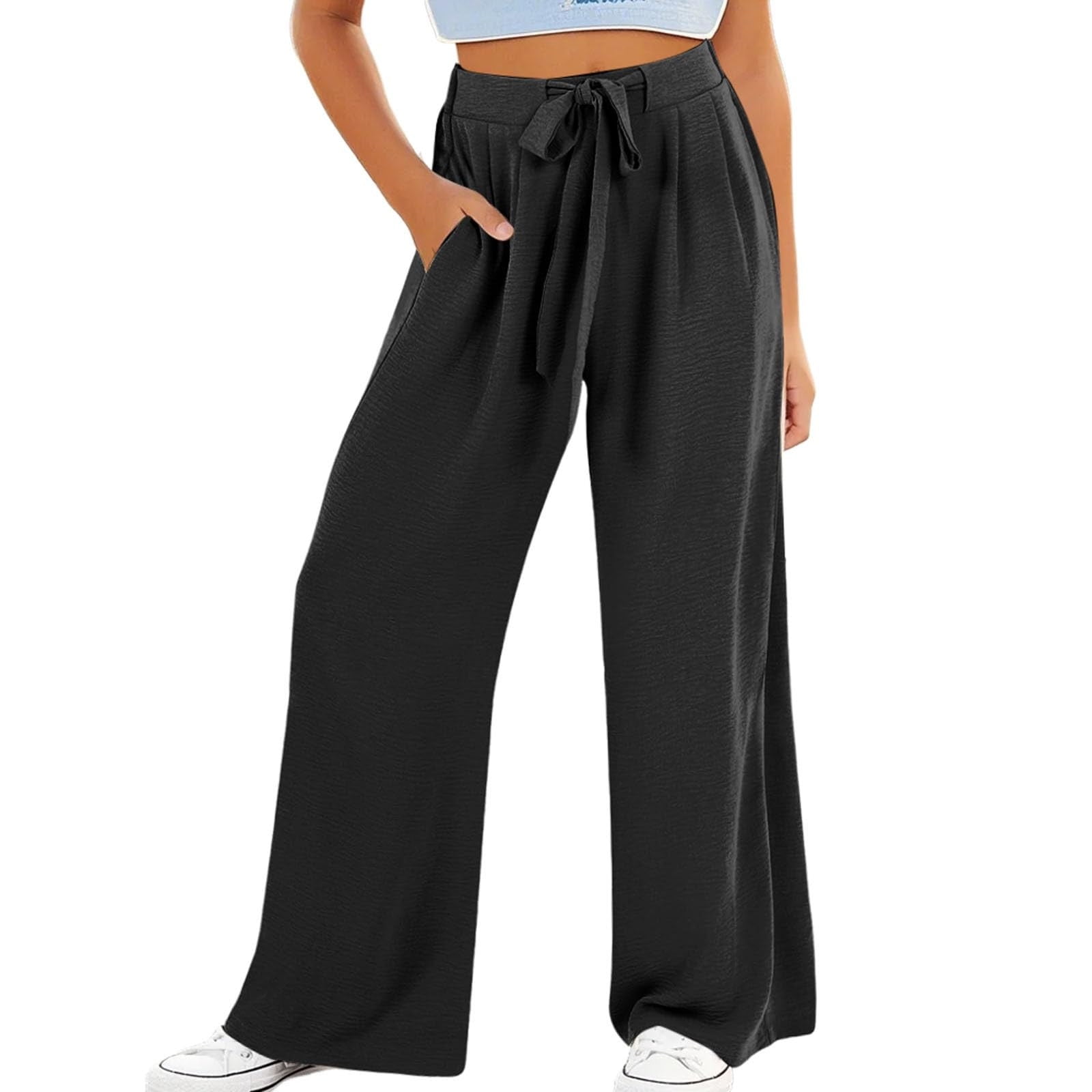 IVEYRTF Girls High Waist Elastic Drawstring Wide Leg Pants Solid Color ...