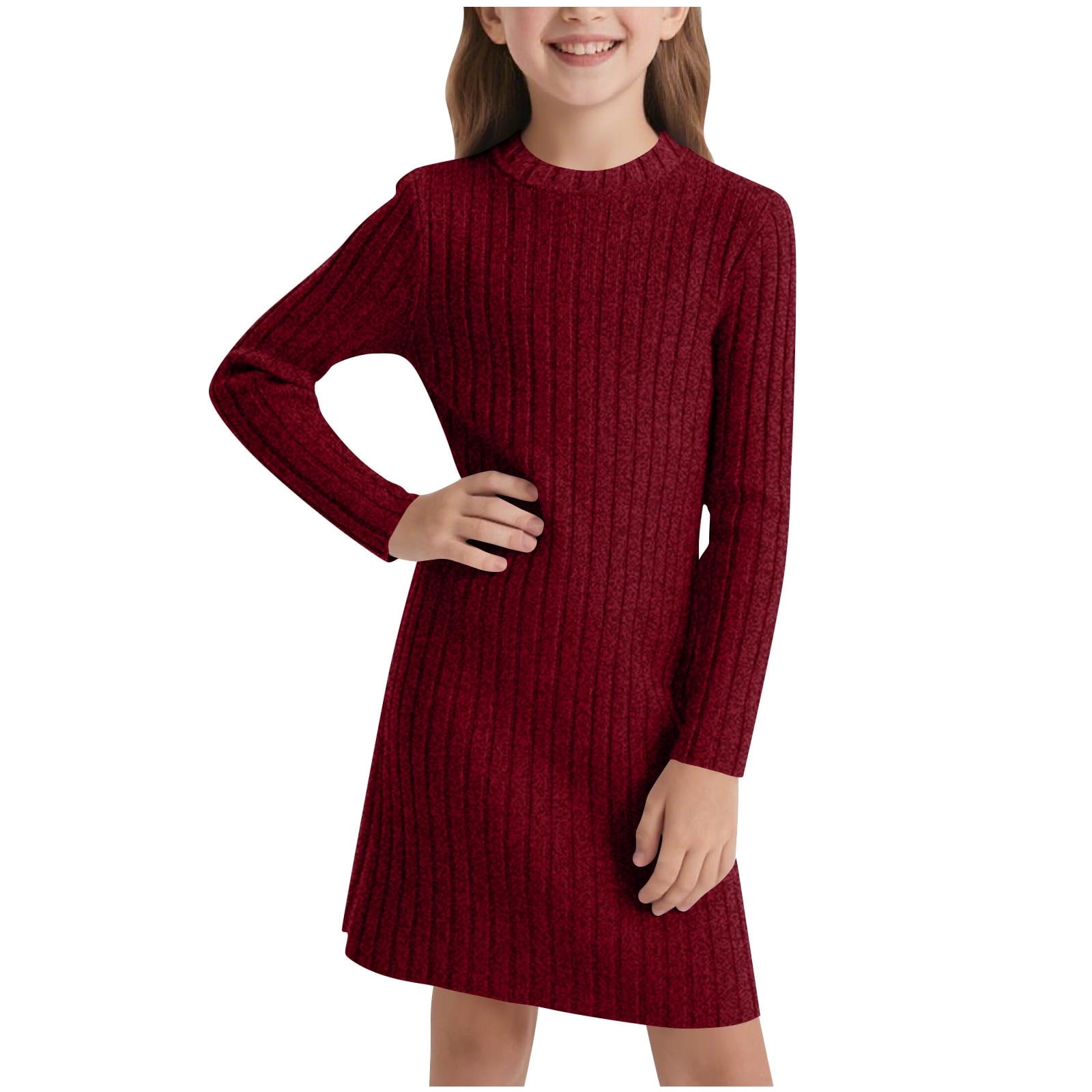IVEYRTF Girls Long Sleeve Sweater Dress A Line Midi Dress Solid Round ...