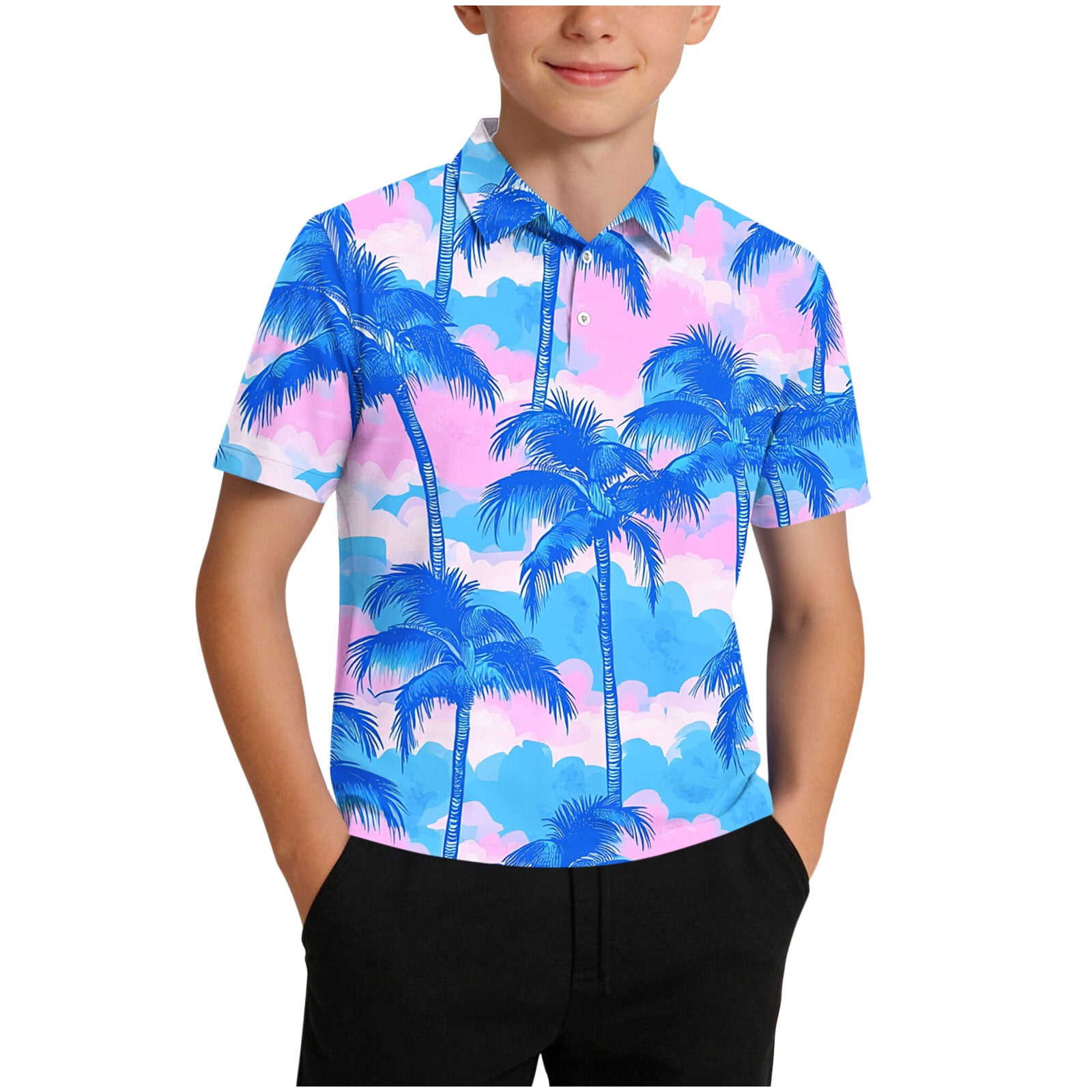 IVEYRTF Kids Hawaiian Palm Print Button Collar Short Sleeve T-Shirt ...