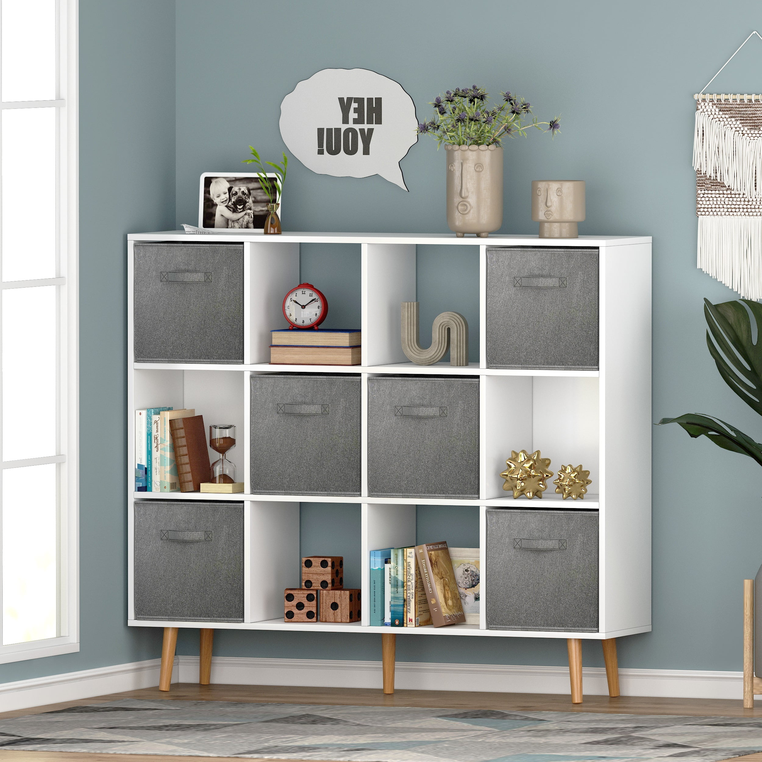 IVV 12-Cube Bookshelf, Freestanding Open Bookcase with 6 Fabric Drawers, Modern Wood Display ...