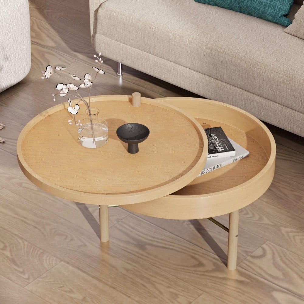 IVV 24" Round Coffee Table, Modern Wood Coffee Table with Rotating Tray ...