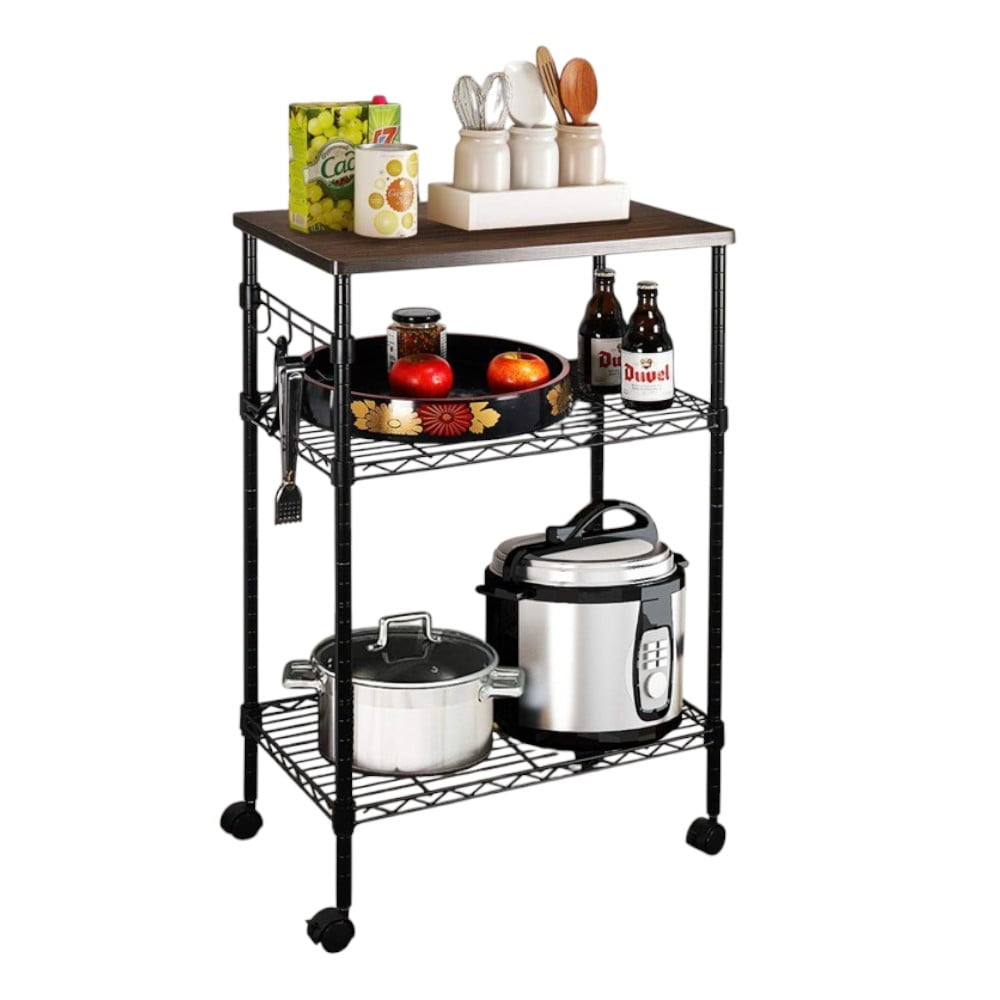 IVV 3-Tier Metal Storage Rack with Wheels, Wire Shelving Unit with Wood ...