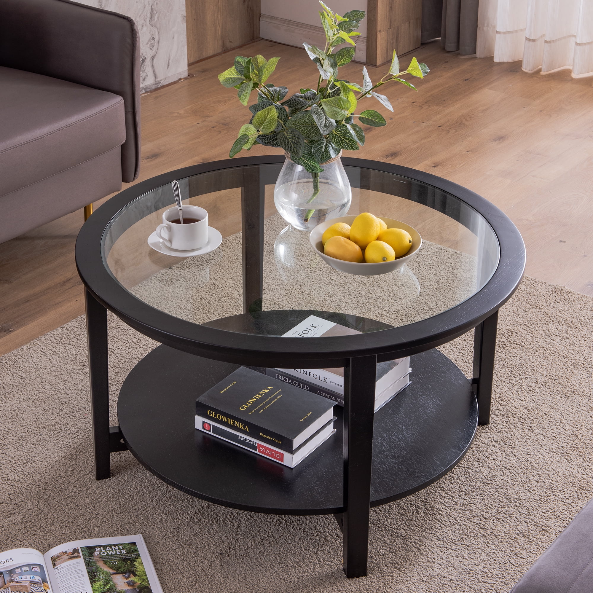 IVV 36" Round Coffee Table, 2-Tier Living Room Center Table with Glass ...