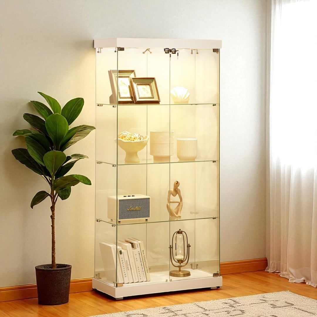 IVV 4-Tier Glass Display Cabinet with Lockable Double Doors, 2 Lighting ...