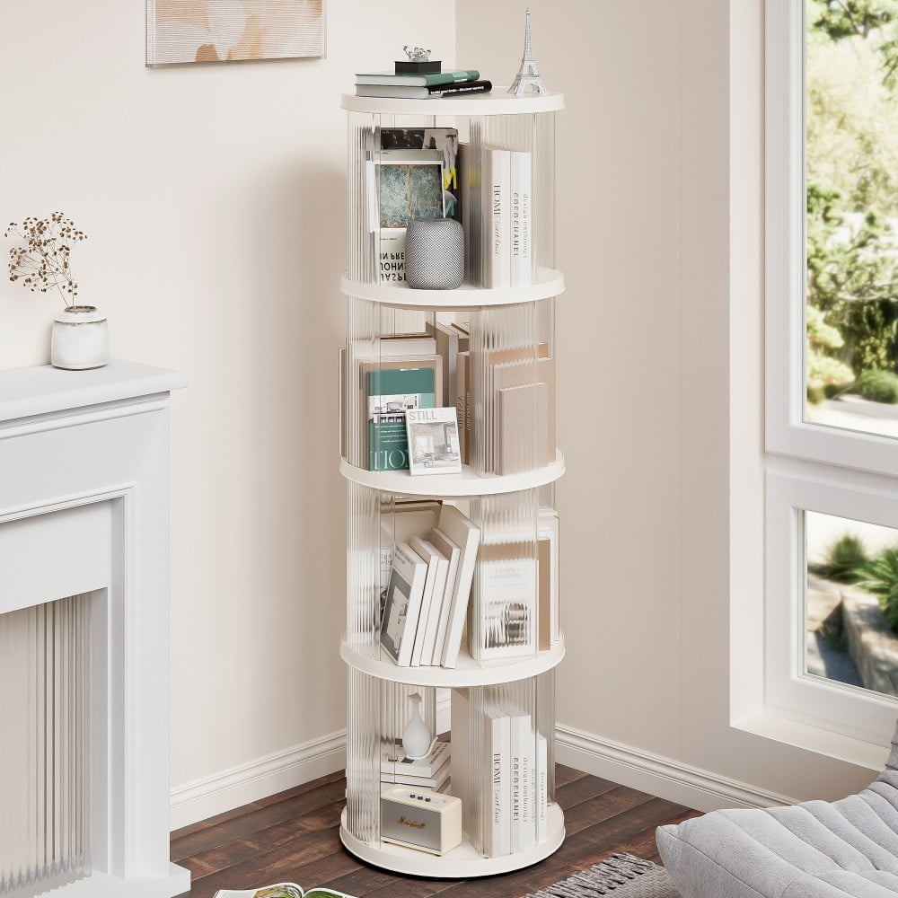 IVV 4 Tier Rotating Bookshelf with Wheels, White Floor Standing Corner ...