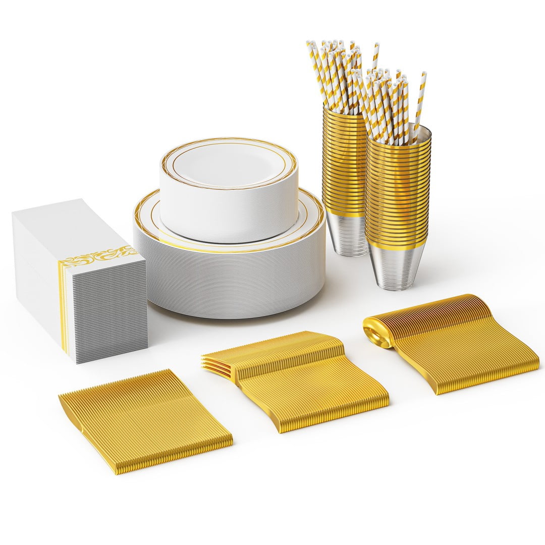 IVV 400 PCS White and Gold Plastic Dinnerware Set for 50 Guests, 100 ...