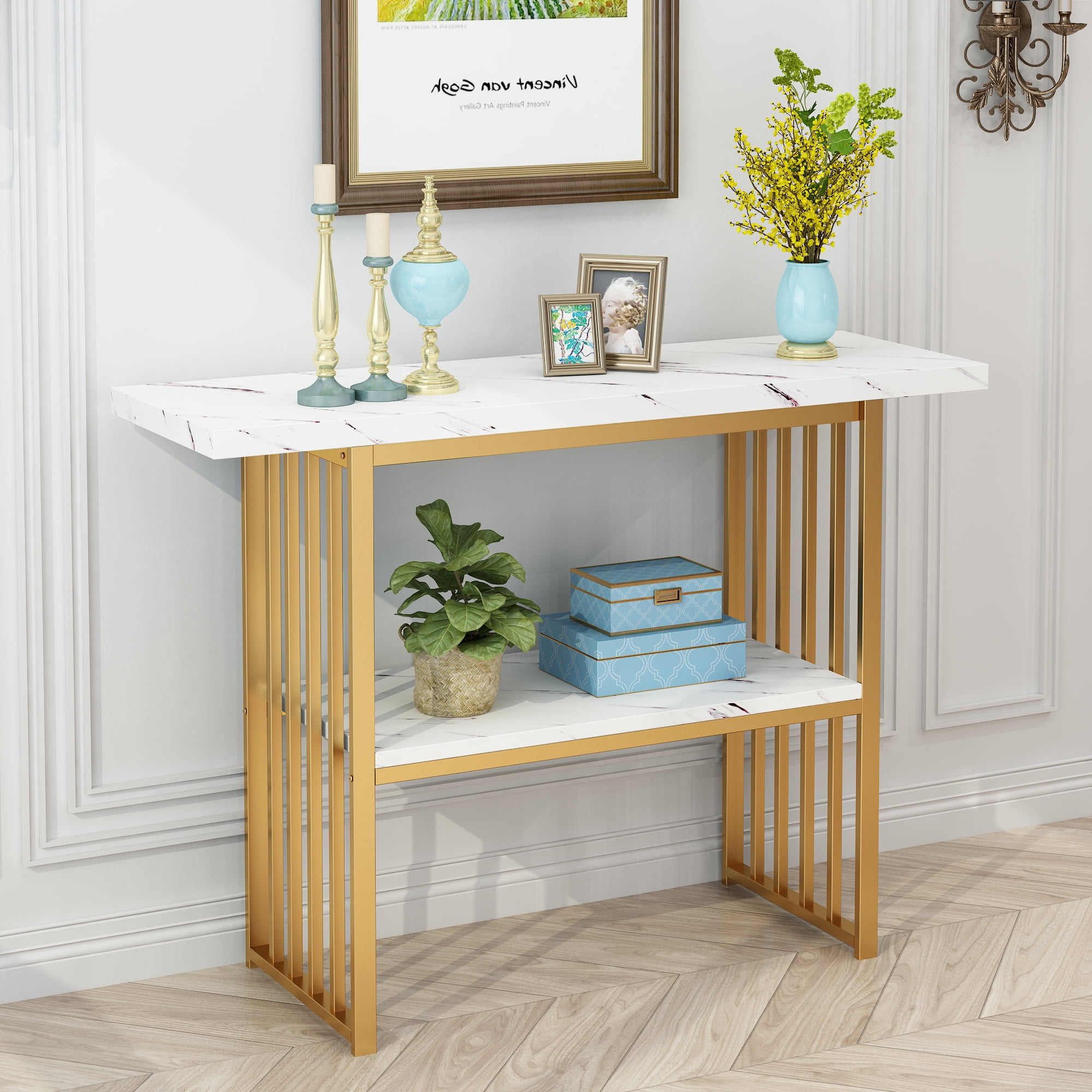IVV 2-Tier Console Table, 42" Modern Entryway Table with White Faux ...
