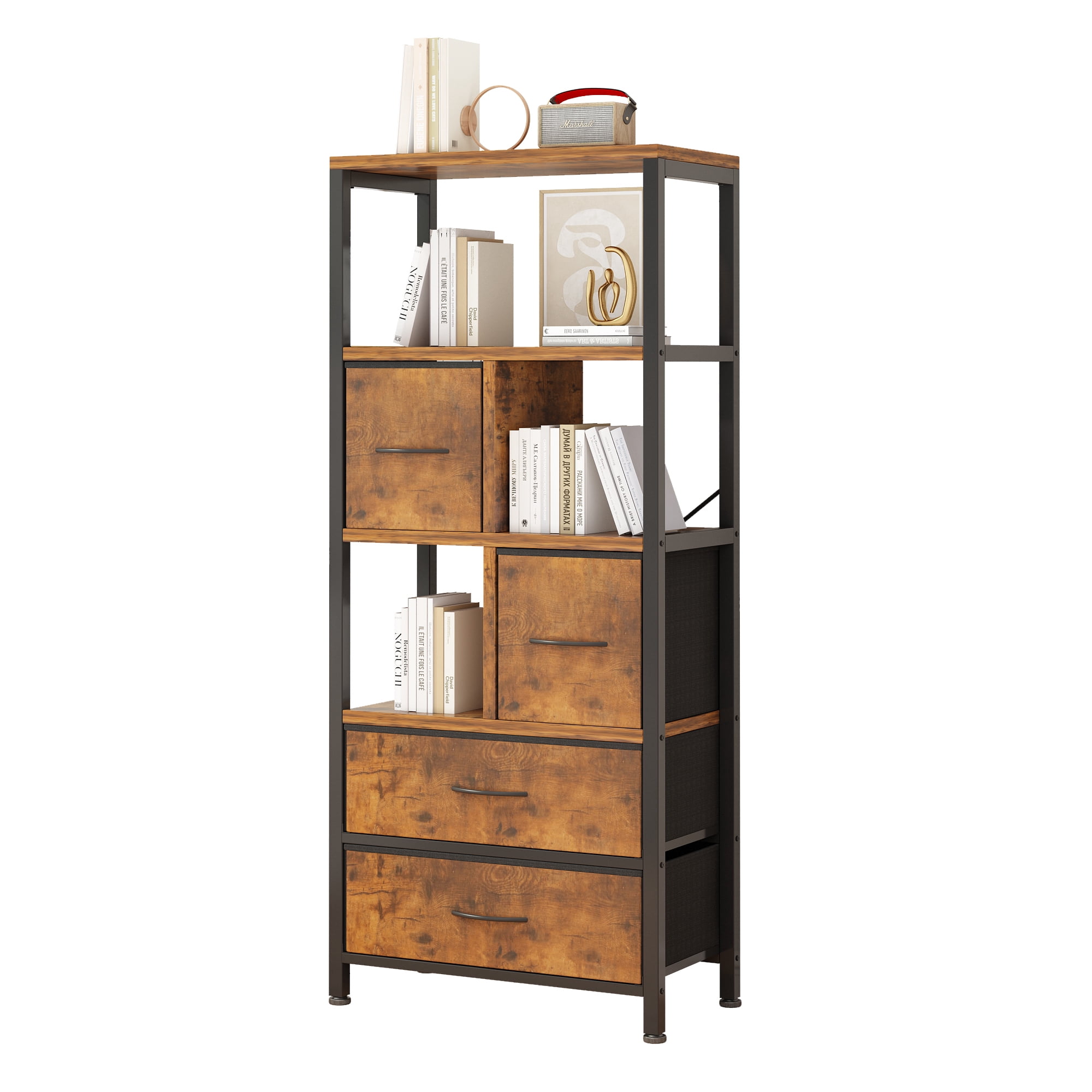 IVV 5 Layers Industrial Tall Bookcase with 4 Drawers, Display Open ...