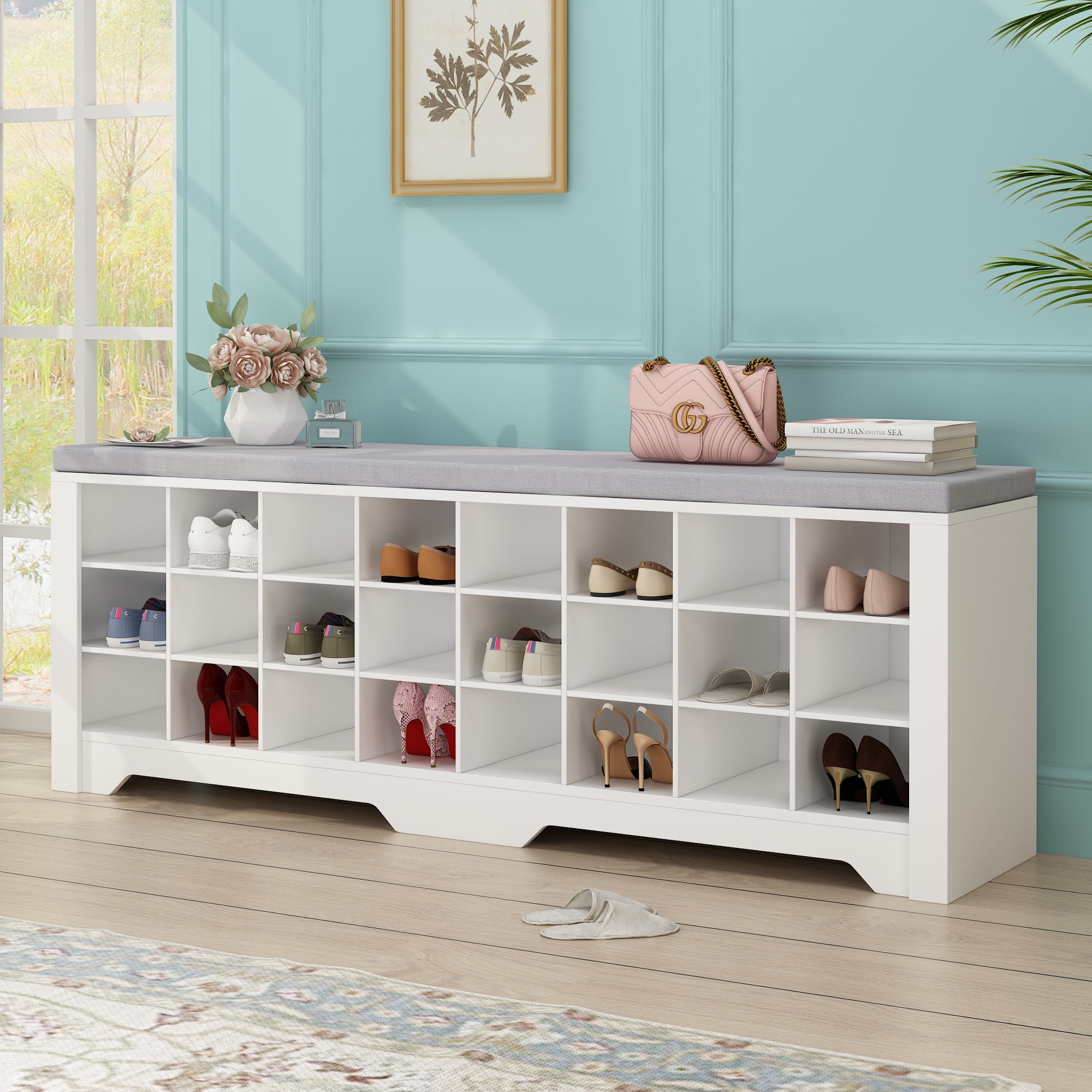 IVV 68" Wide 24-Pair Shoe Cubby Bench, Shoe Rack, Shoe Storage for ...