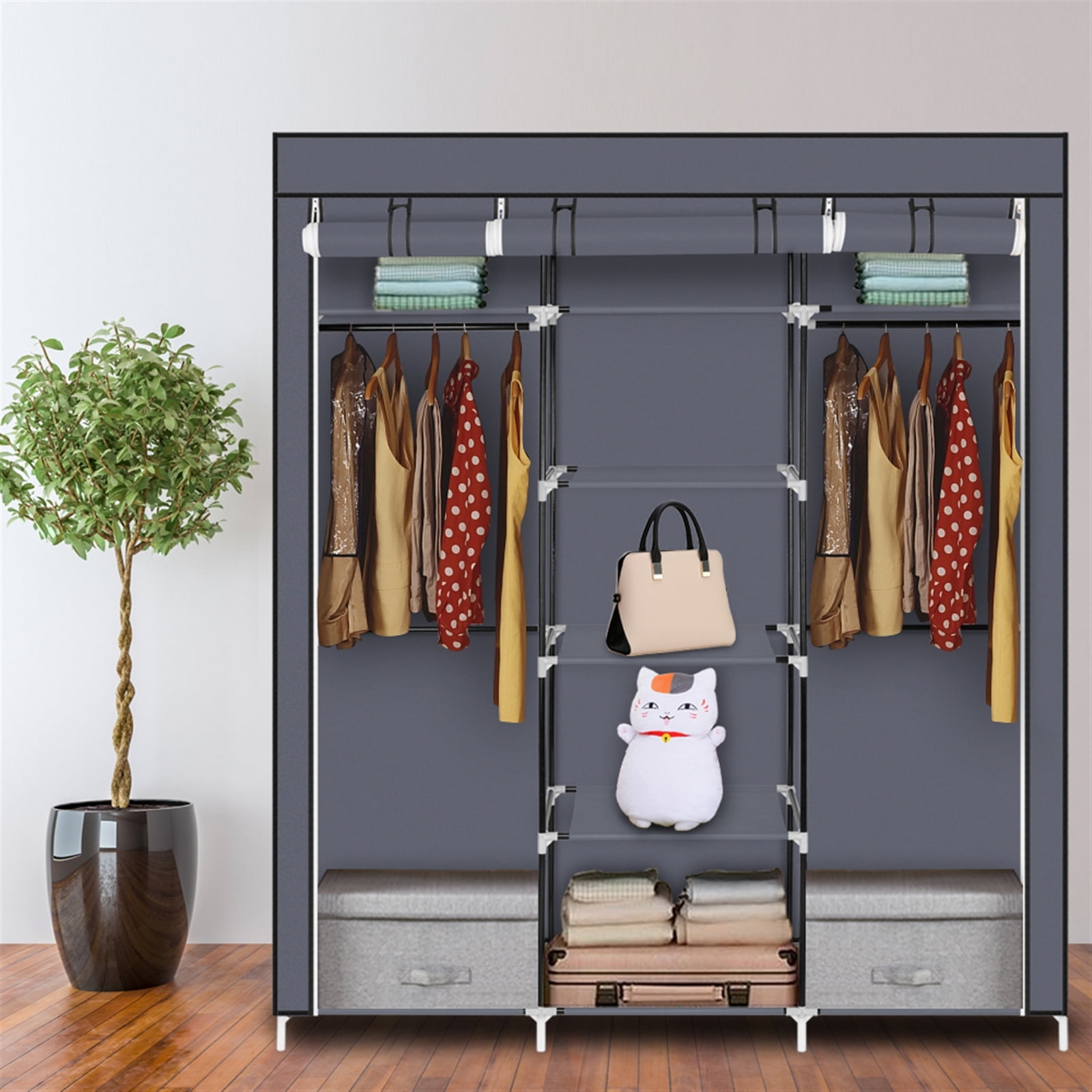 IVV 69" Portable Clothes Closet Non-Woven Fabric Wardrobe Double Rod ...