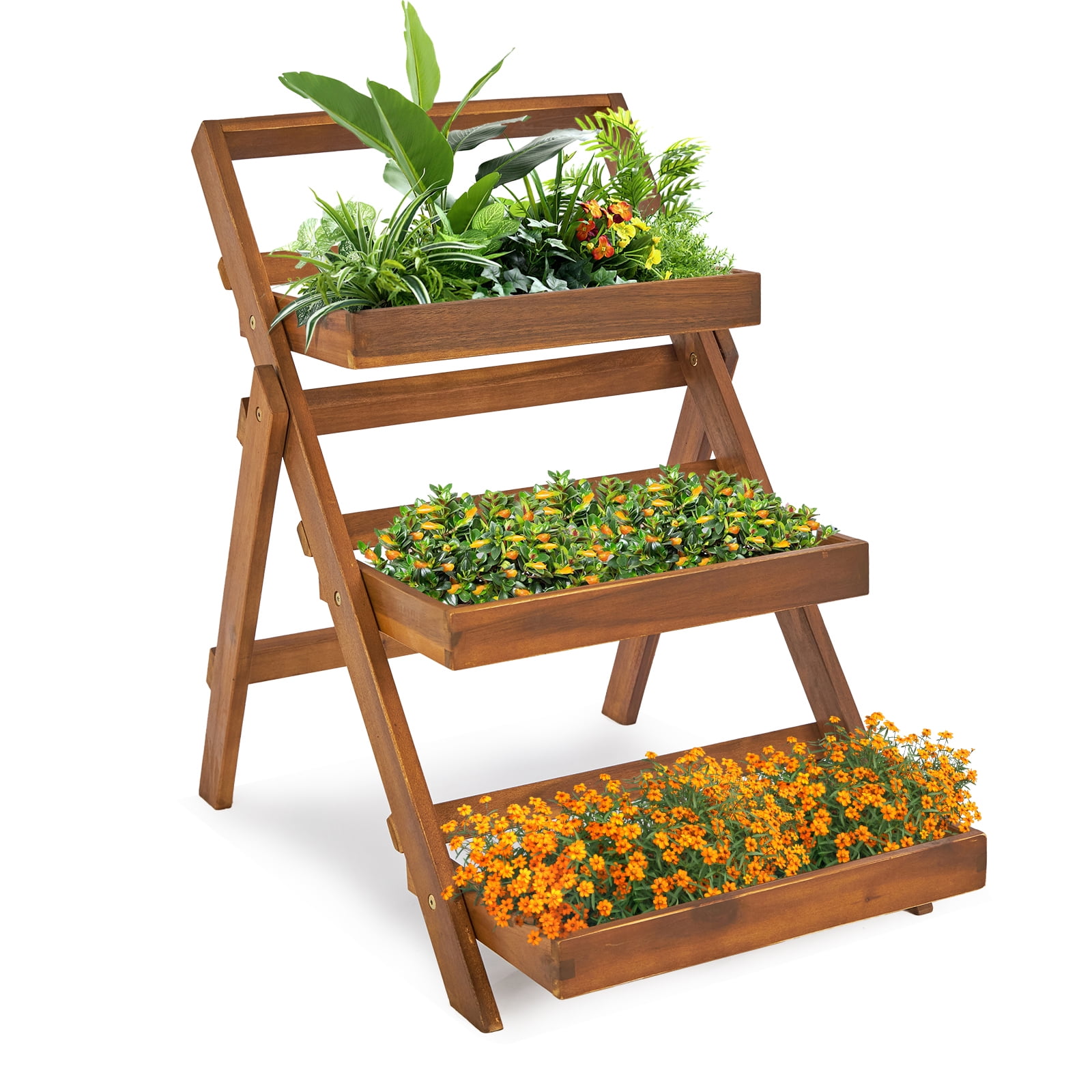 IVV Acacia Wood Ladder Plant Stand, 3 Tier Foldable Flower Pot Display Shelf Rack for Indoor ...