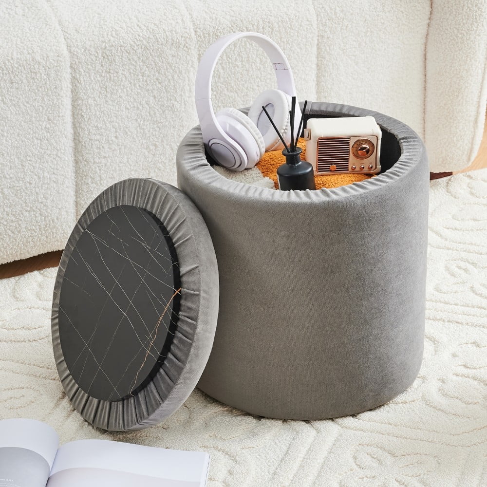 IVV Accent Round Storage Ottoman, Gray Velvet Upholstered Footrest ...