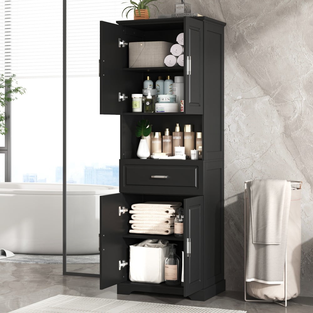 IVV Black Bathroom Cabinet with 4 Doors and Adjustable Shelf, Modern ...