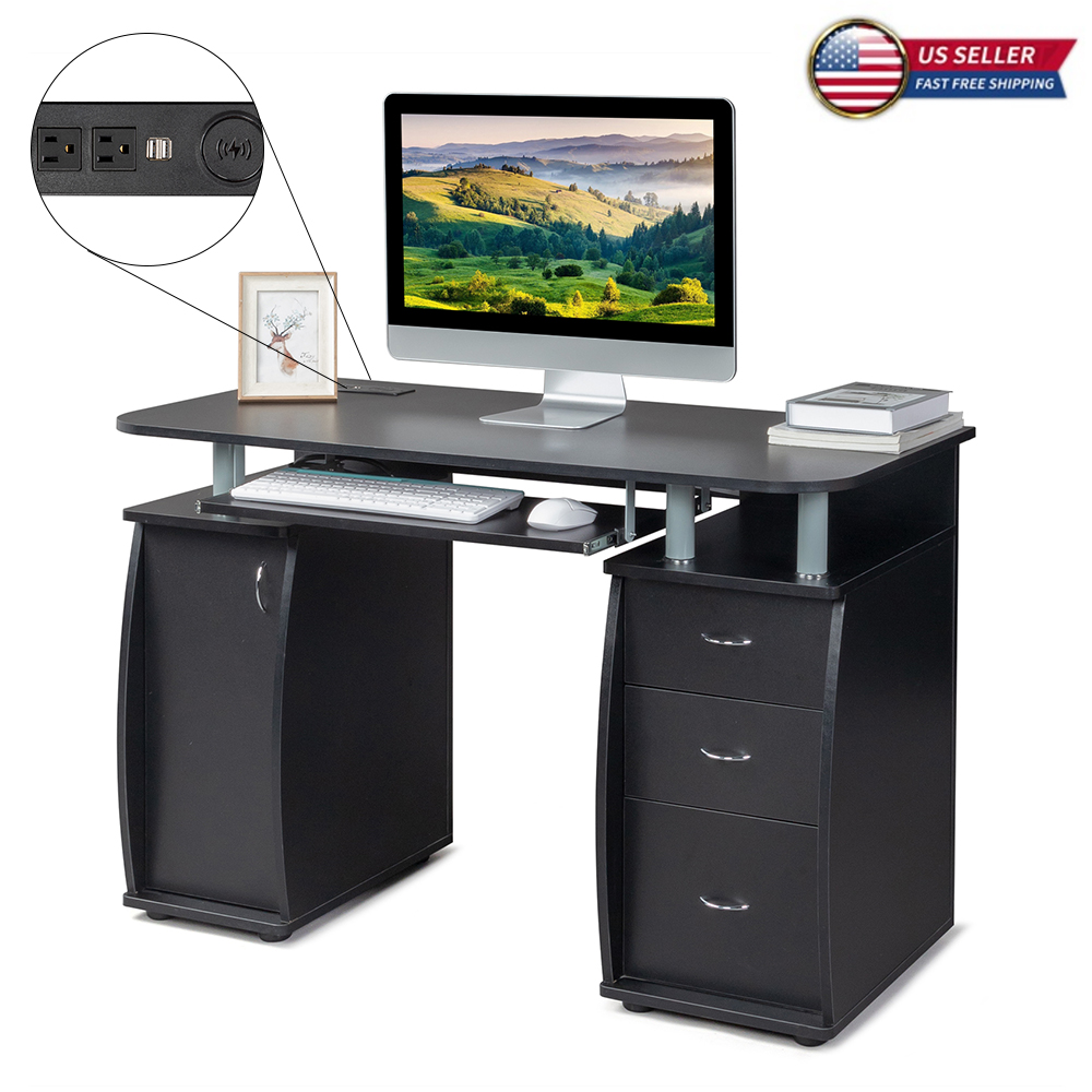 IVV Black Computer Desk - Wood Computer Workstation with 1Door, 3 ...