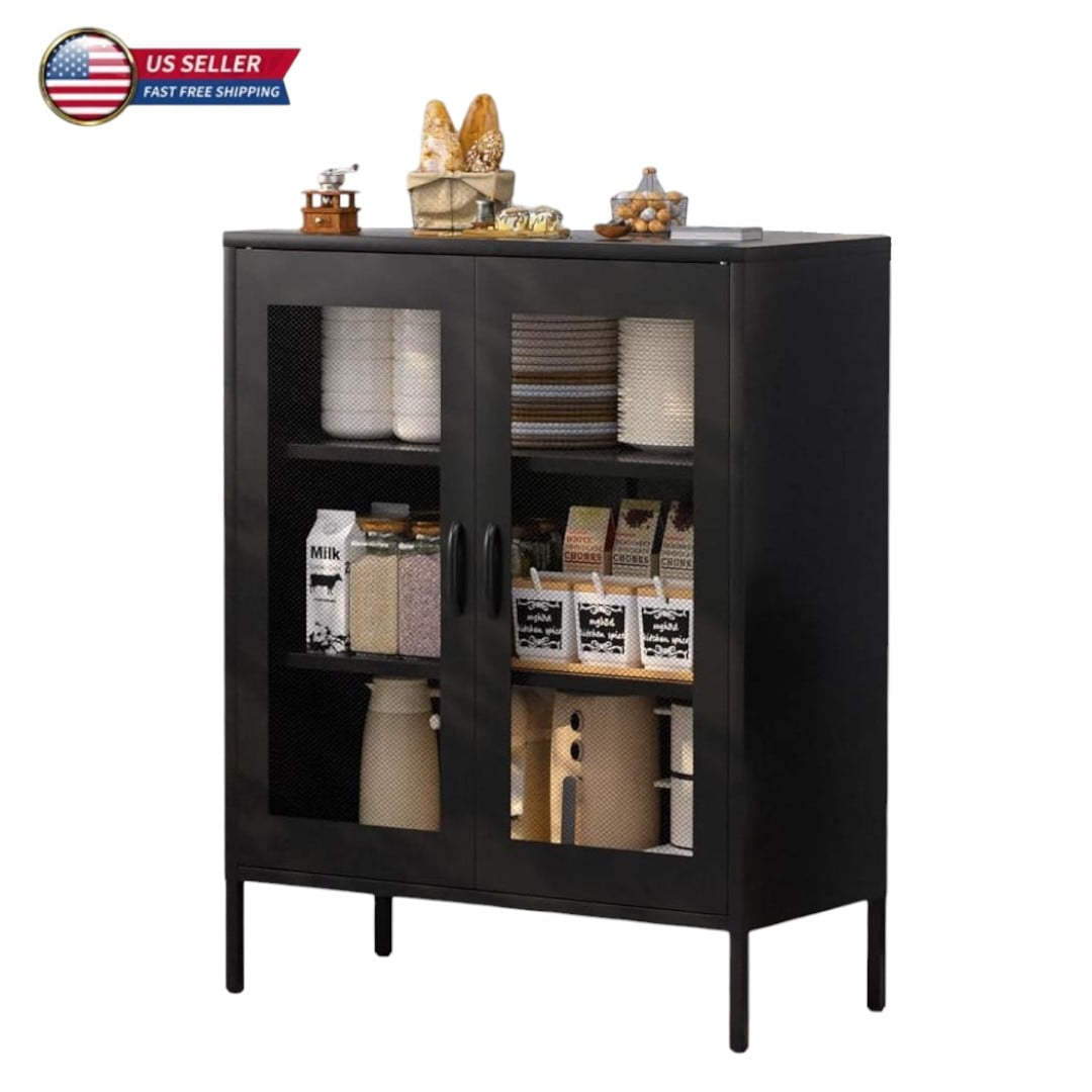IVV Black Metal Storage Cabinet with 2 Mesh Doors and Adjustable Shelves, 3-Tier Steel Organizer ...