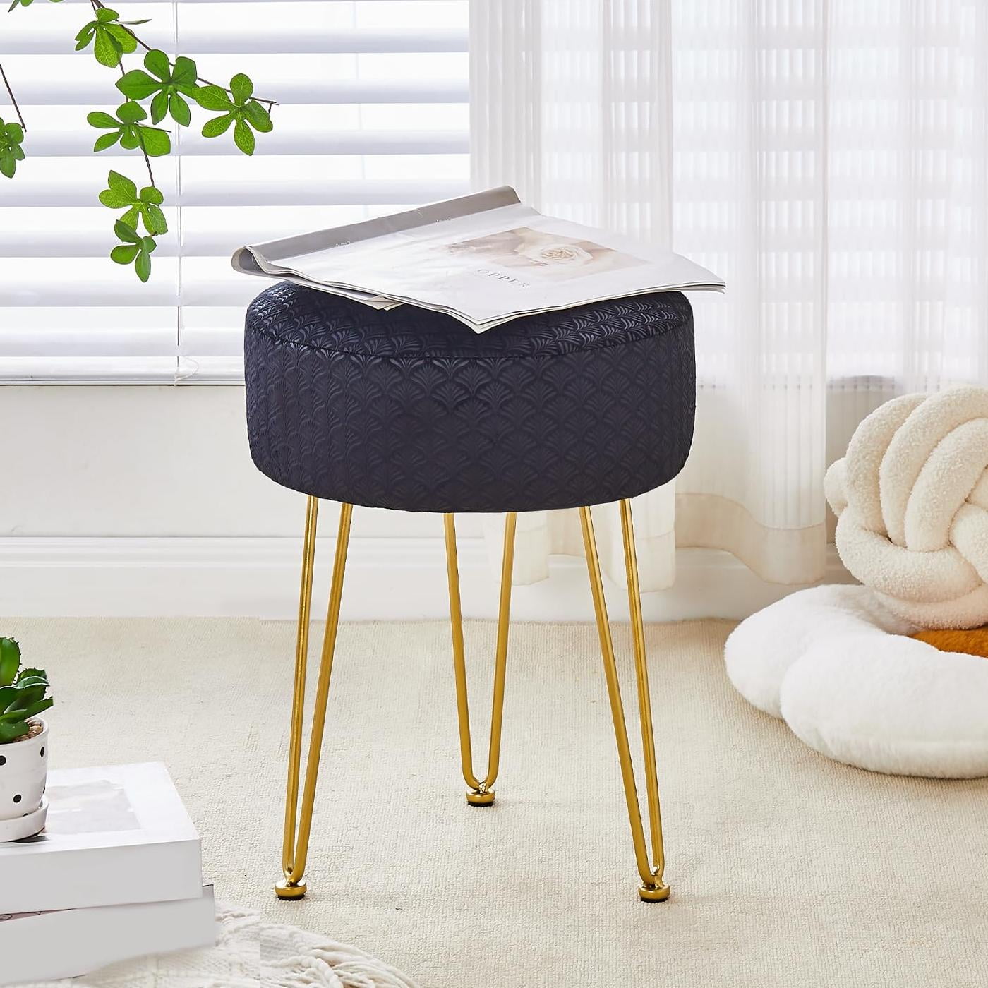 IVV Black Vanity Stool, Mondern Velvet Upholstered Ottoman Footrest ...