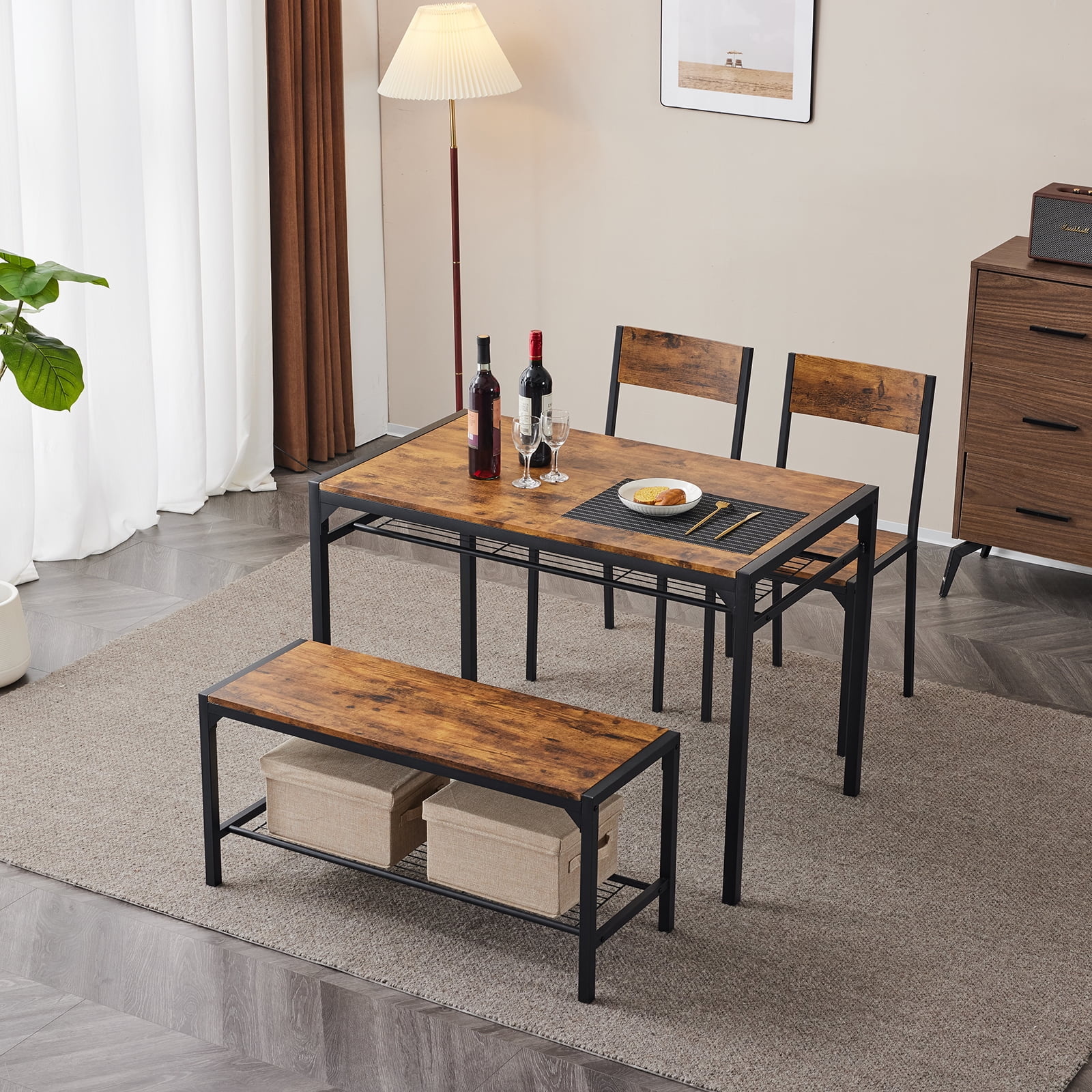 IVV Dining Table Set for 4, Kitchen Table with 2 Chairs & 1 Bench, Wood ...