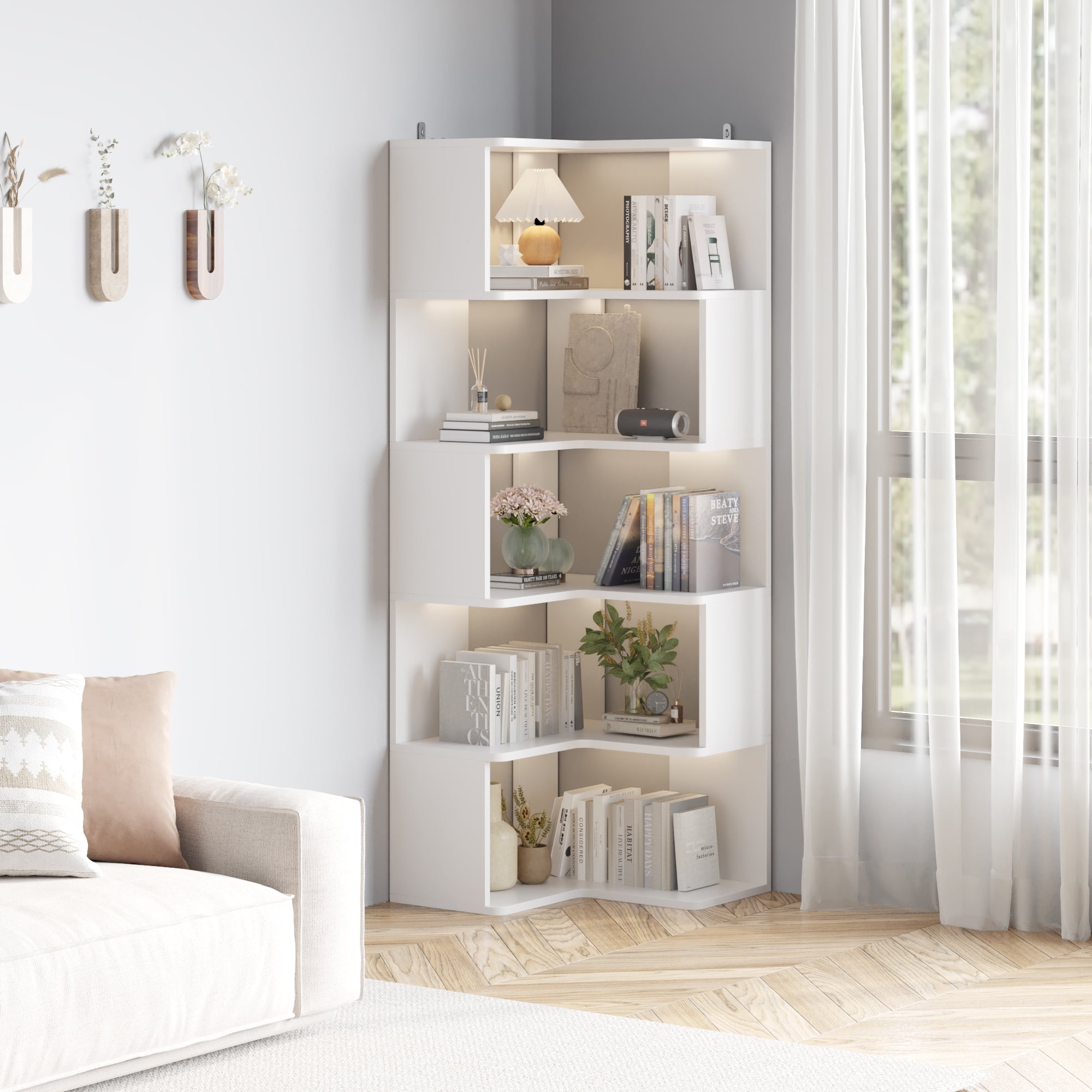 IVV Display Corner Bookshelf with LED Light, 5 Tier Storage Bookshelf Tall Etagere Bookcase, 64. ...