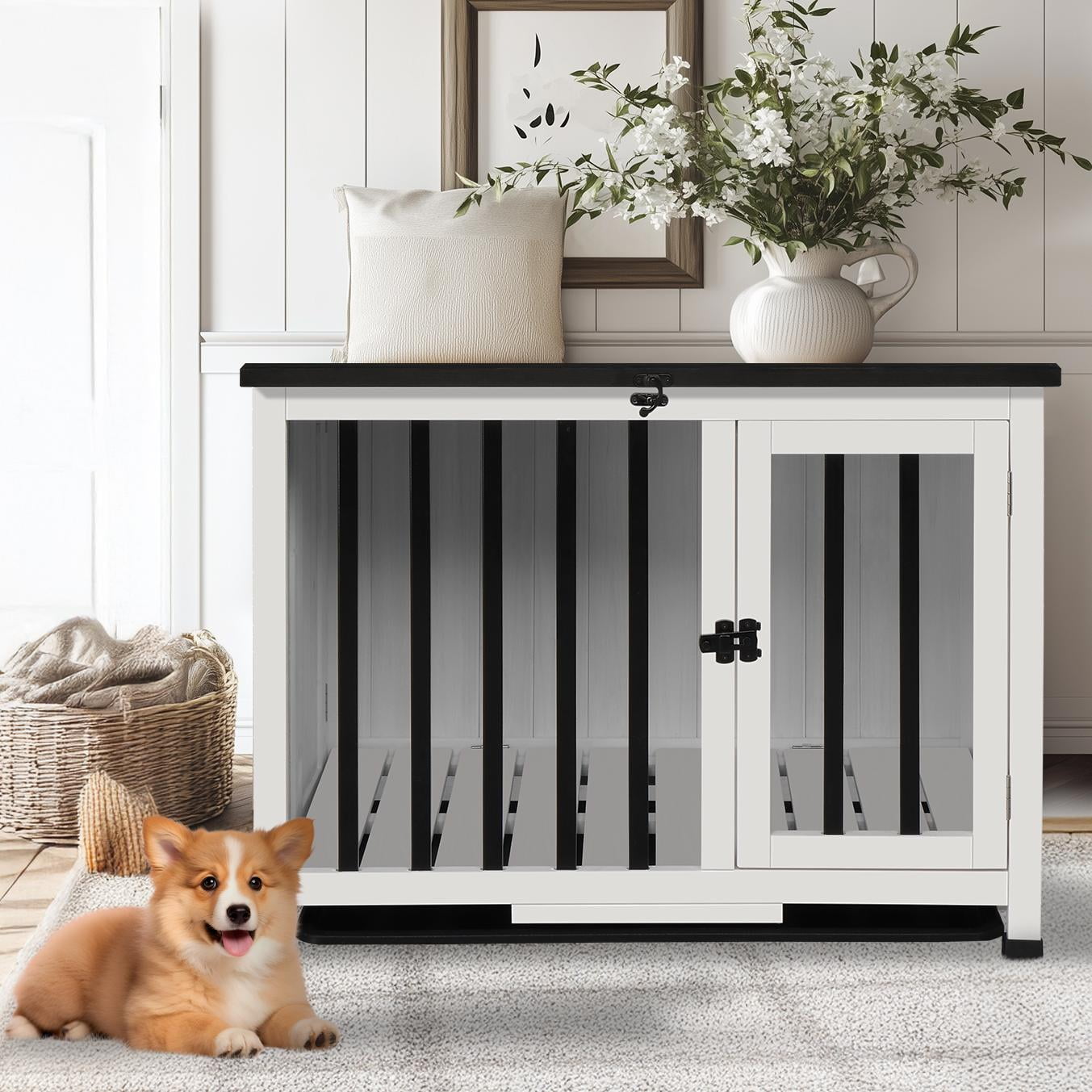 IVV Foldable Dog Crate Furniture, 33.66" Indoor Dog Kennel with Wooden ...