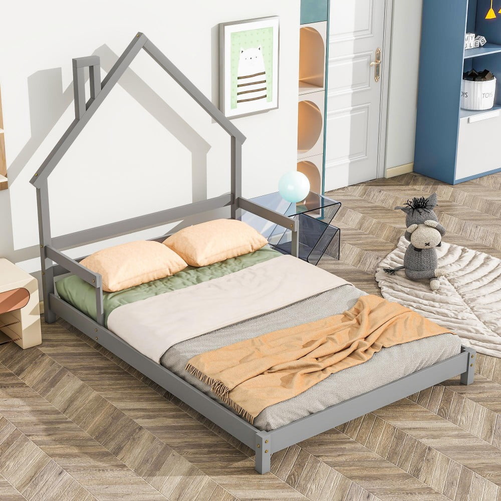 IVV Full Size House Bed, Wooden Floor Bed with Handrails and Slats ...