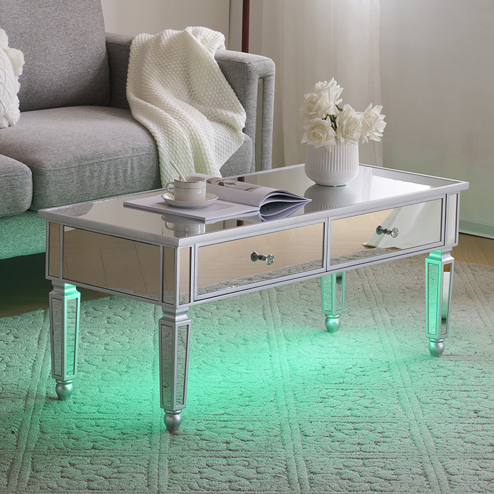 IVV Glass Mirrored Coffee Table with 2 Drawers and LED Lights, 41.7 ...