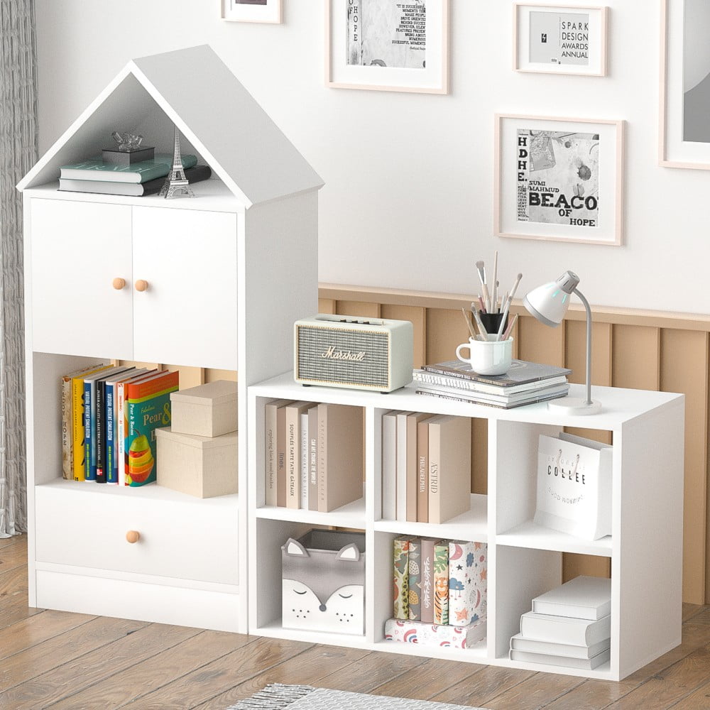 IVV Kids Bookshelf, White Wooden Open Bookcase with Drawer, House ...