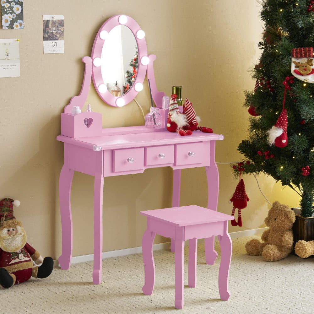 IVV Kids Vanity Set with Lighted Mirror and Stool, Wooden Princess ...