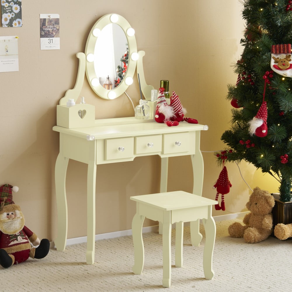 IVV Kids Vanity Set with Mirror and Stool, Wooden Vanity Desk with 3 ...