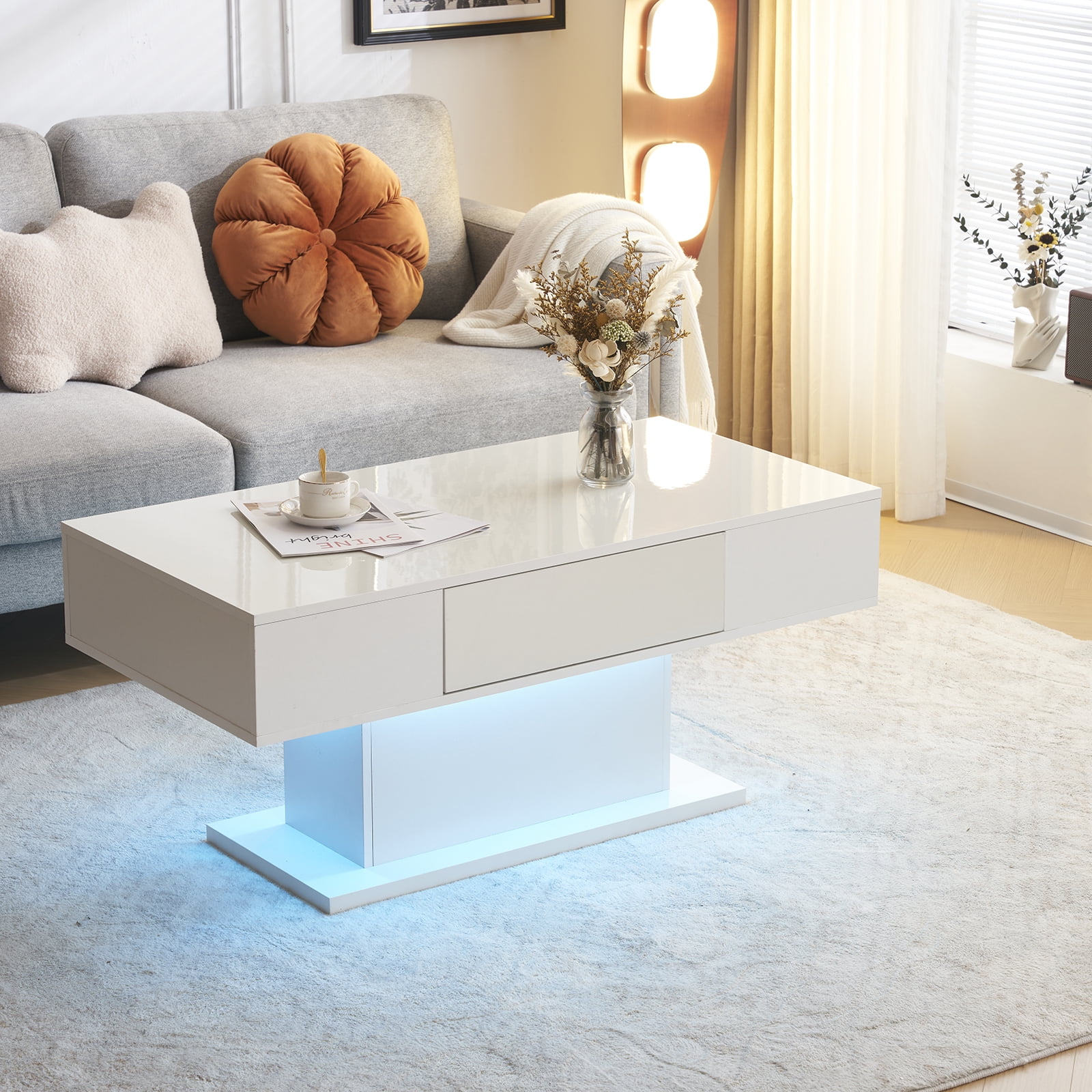 IVV LED Coffee Table with One Storage Drawer, Modern High Gloss Center ...