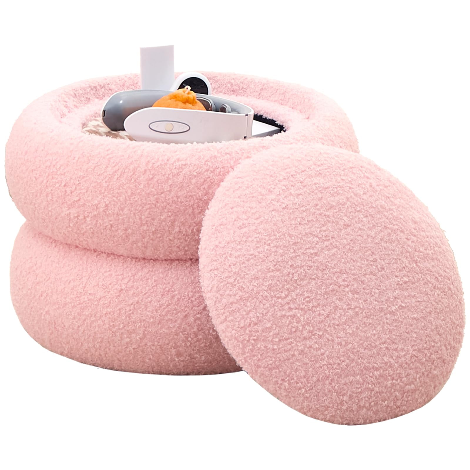 IVV Macaron-Shaped Storage Ottoman, 15" Round Teddy Velvet Footrest ...