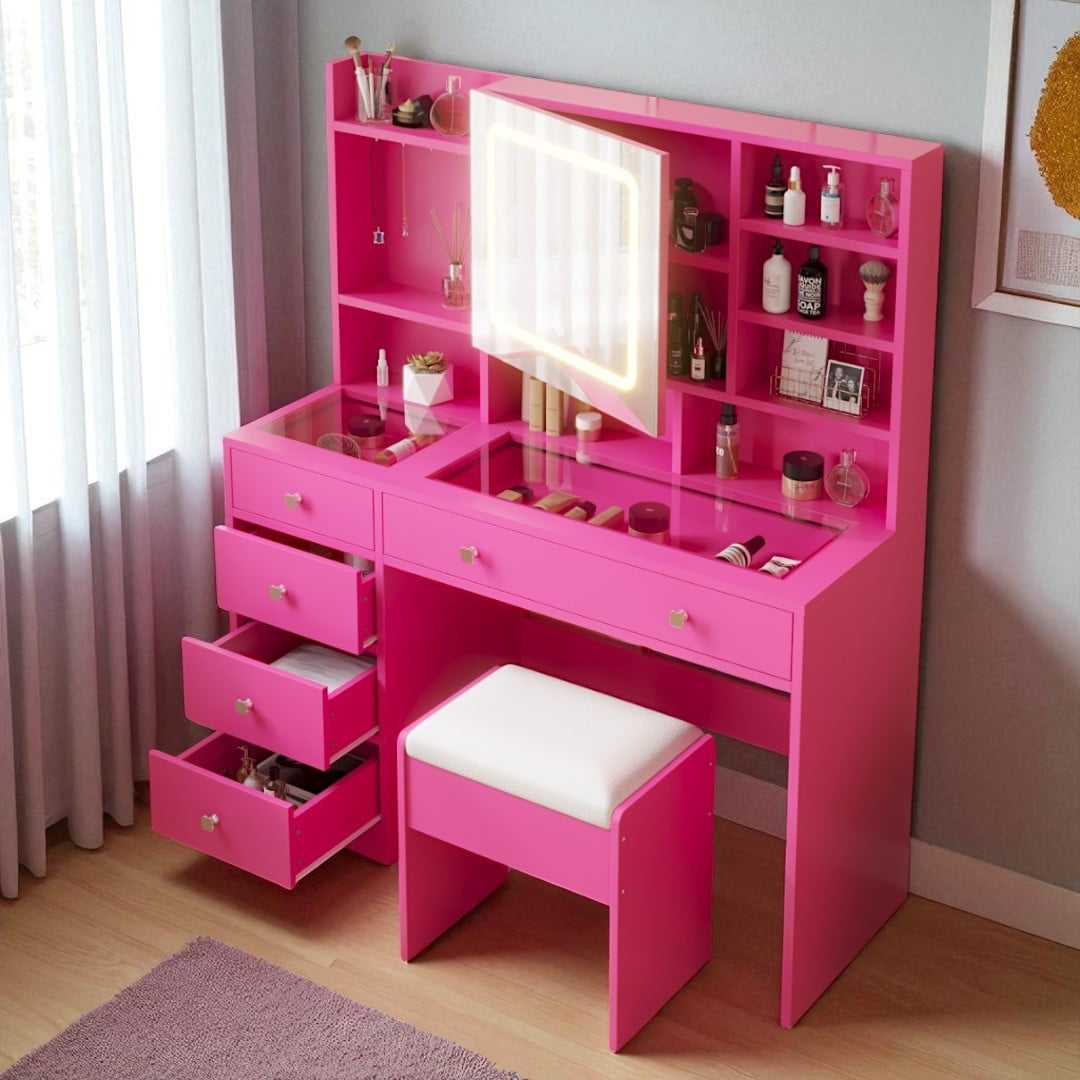 IVV Makeup Vanity Desk with LED Mirror, 5 Drawers, Tempered Glass Top ...