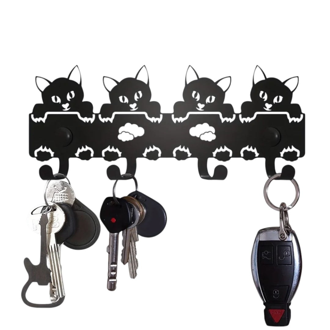 IVV Metal Cat-Themed Wall-Mounted Key Rack with 4 Hooks in Cartoon Cats ...