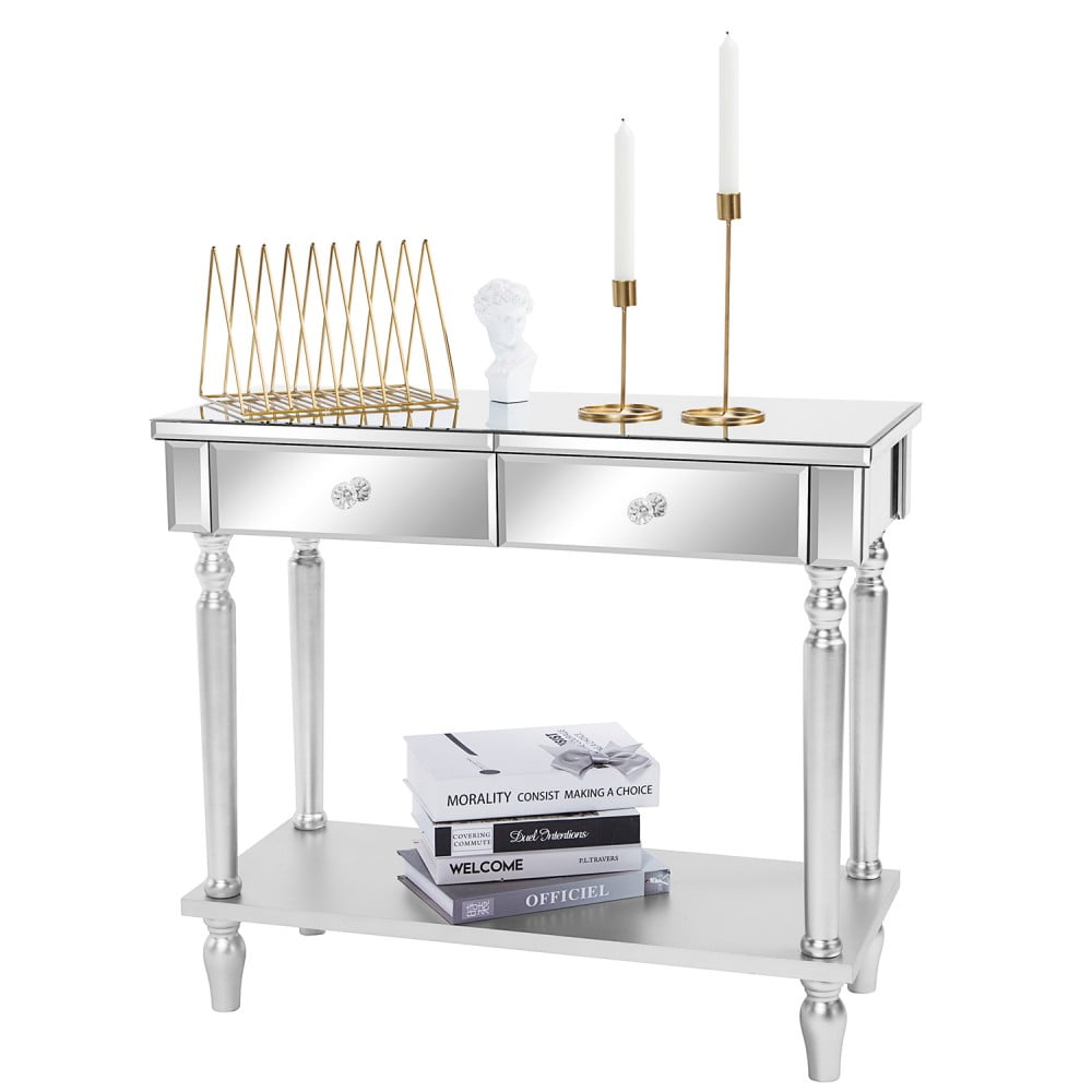 IVV Mirrored Console Table with 2 Drawers and Open Shelf, 2-Tier Computer Desk for Entryway ...