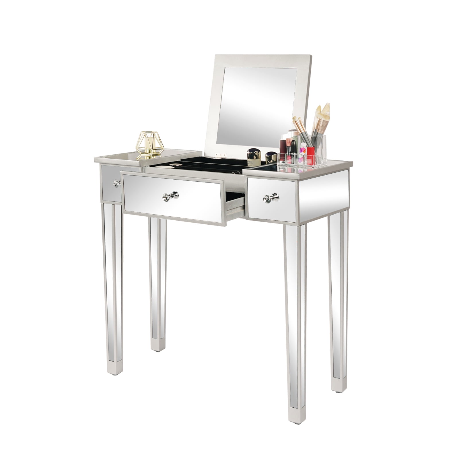 IVV Mirrored Vanity Desk with Flipped Desktop, 3-Drawers Computer Desk ...