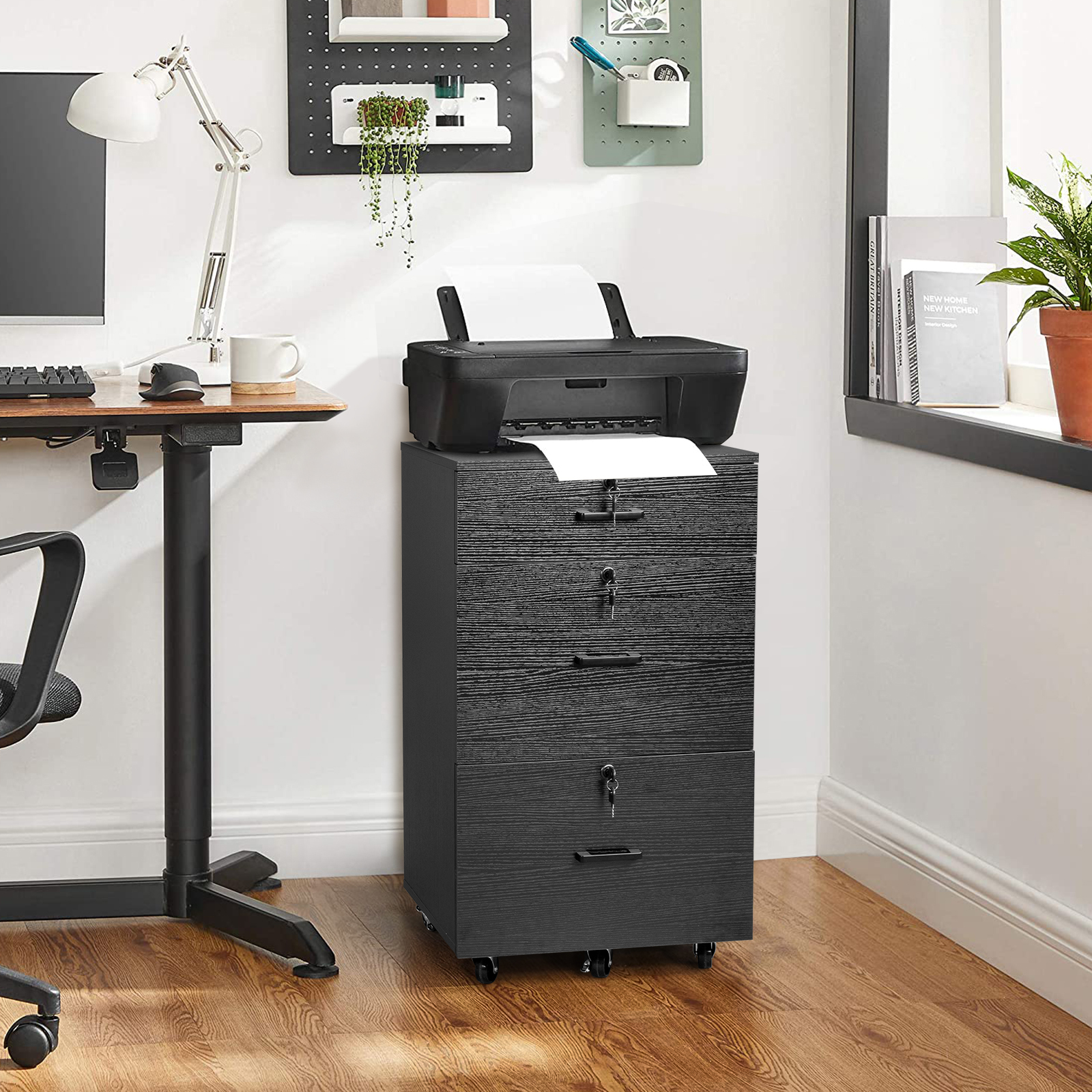 IVV Mobile File Cabinet with 3 Drawers, Lockable Storage Unit Wooden Rolling Office Filing ...