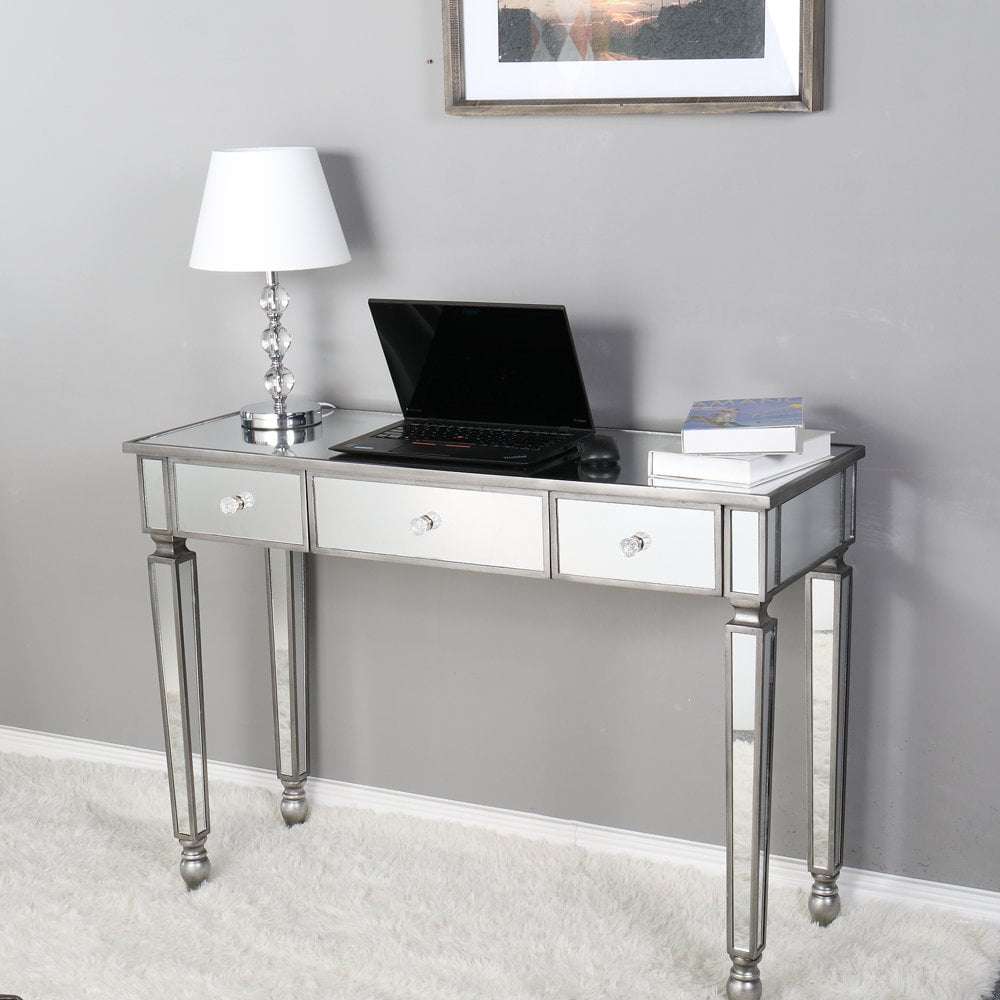 IVV Modern 3-Drawers Mirrored Computer Desk Dressing Table for Bedroom ...