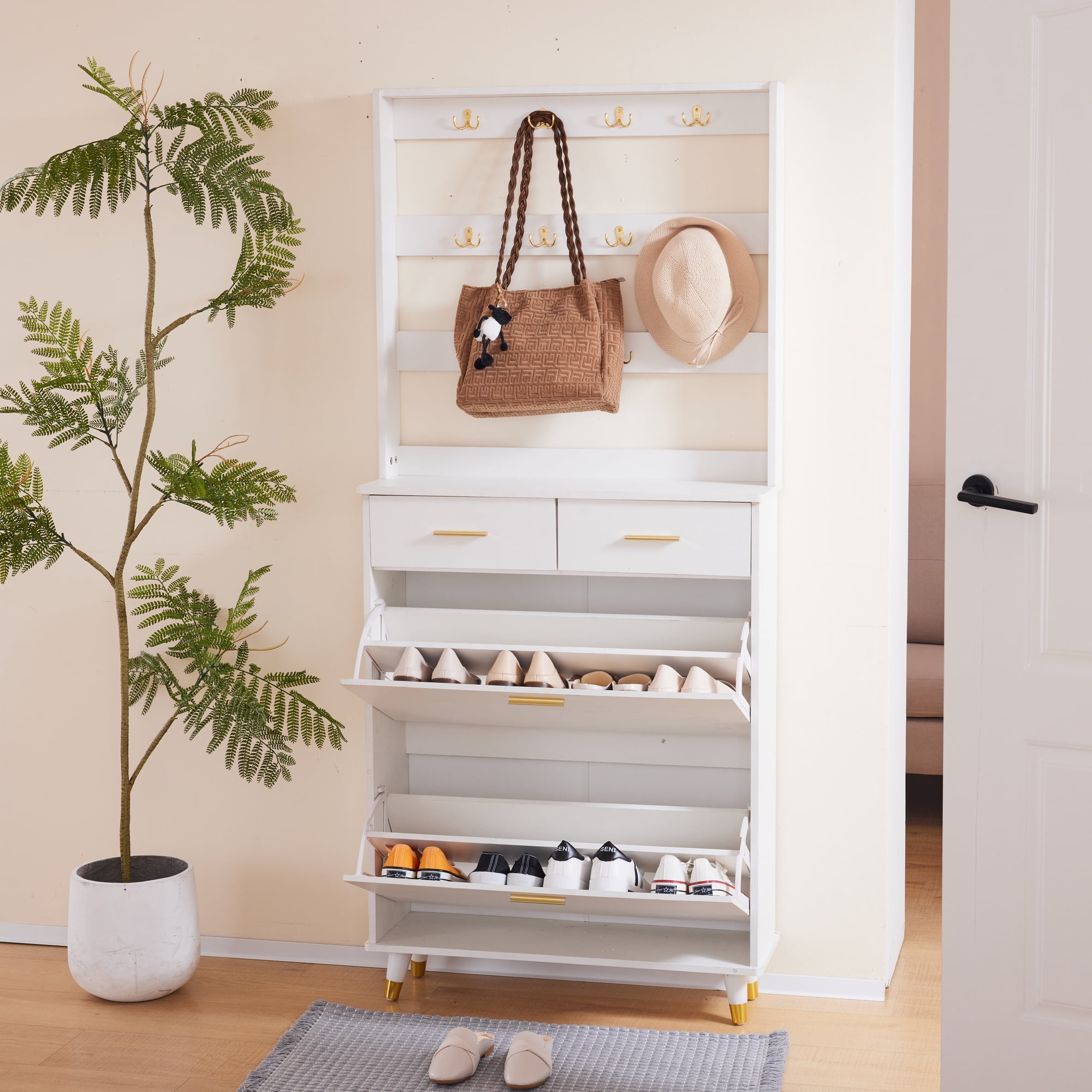 IVV Modern Entryway Clothes & Shoes Storage Organizer, 3 Rod Coat Rack ...