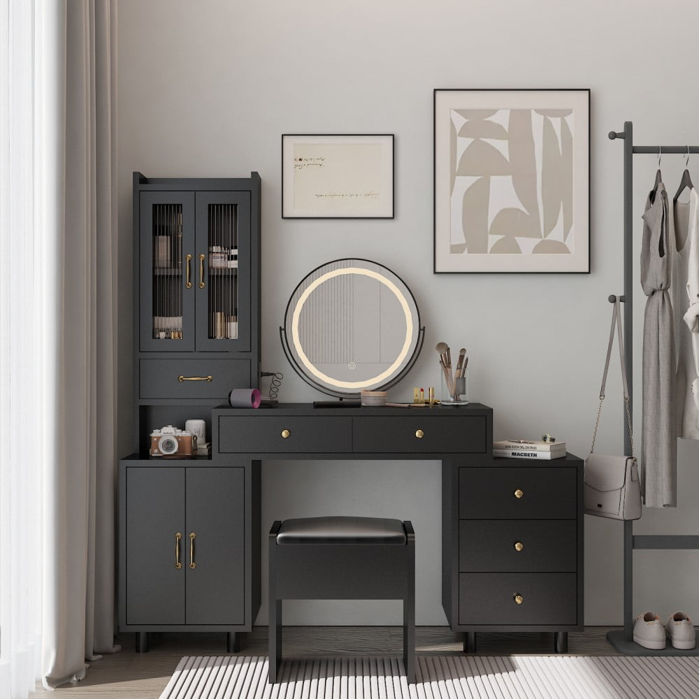 IVV Modern Vanity Desk with Side Tall Cabinet & 3-Drawer Nightstand Set, 3-in-1 Design, White ...